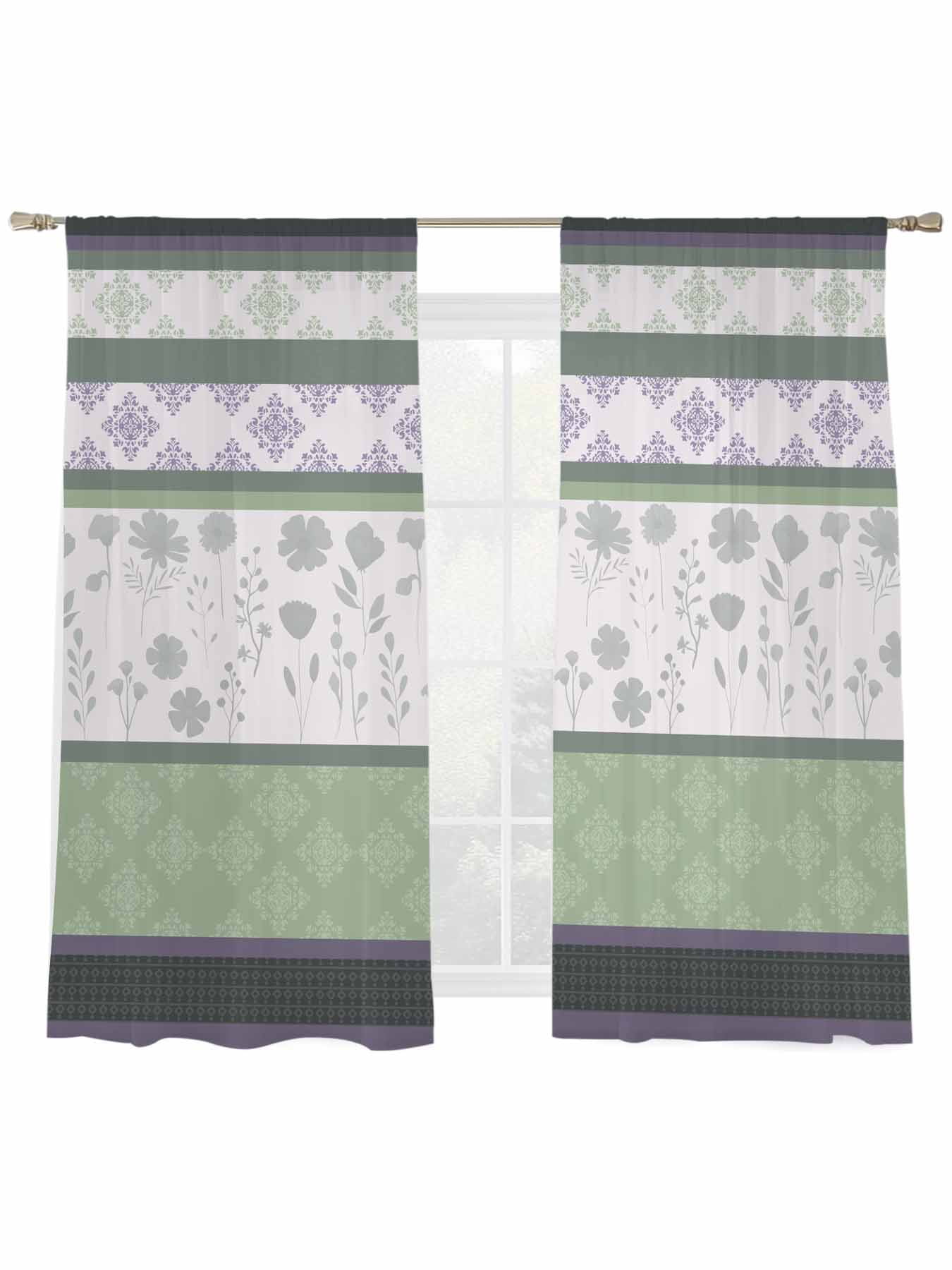 Spring Flowers Sheer Curtains 2 Panels Set Purple Green Floral Country ...
