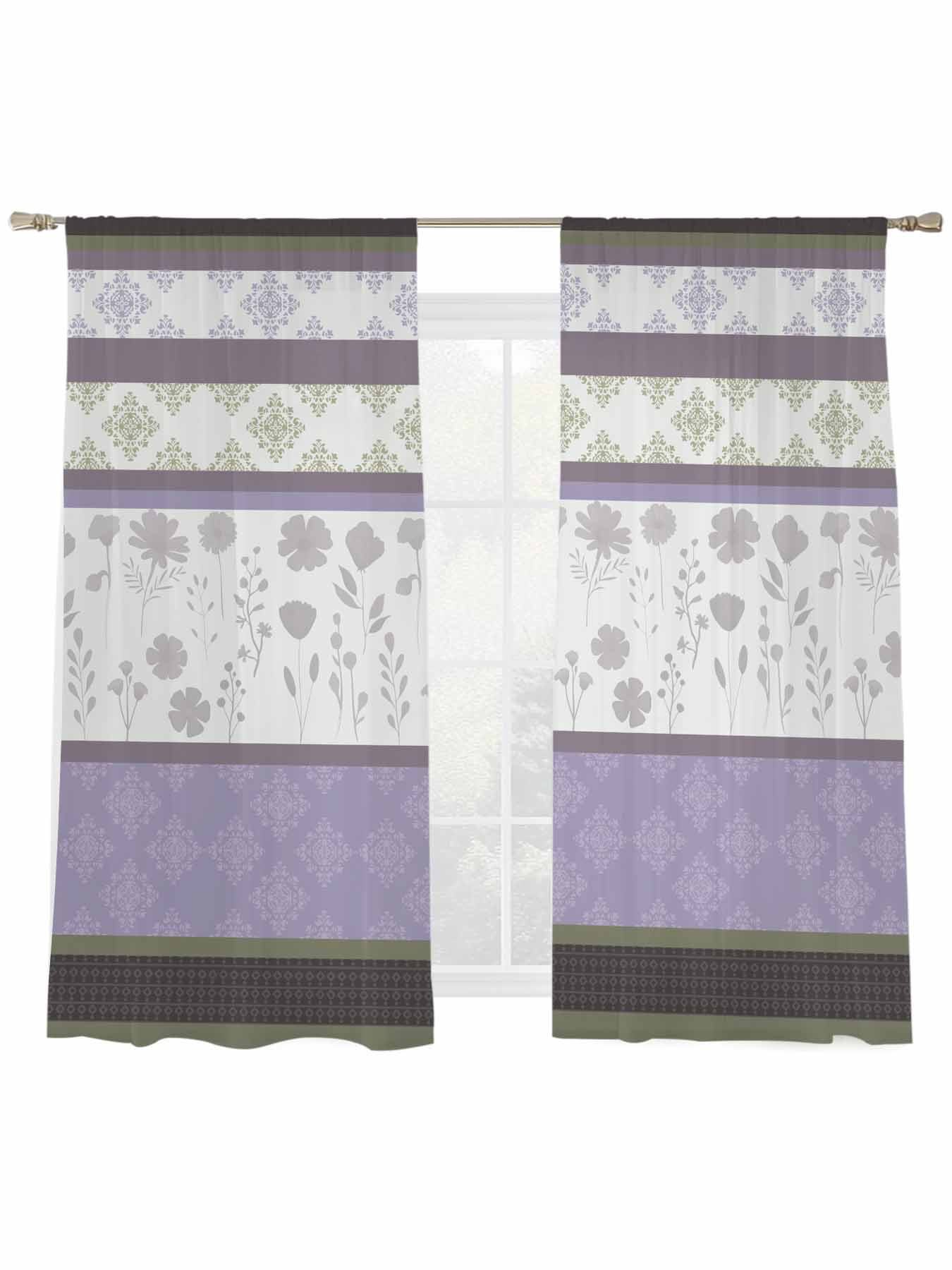 Spring Flowers Sheer Curtains 2 Panels Set Purple Green Floral Country ...