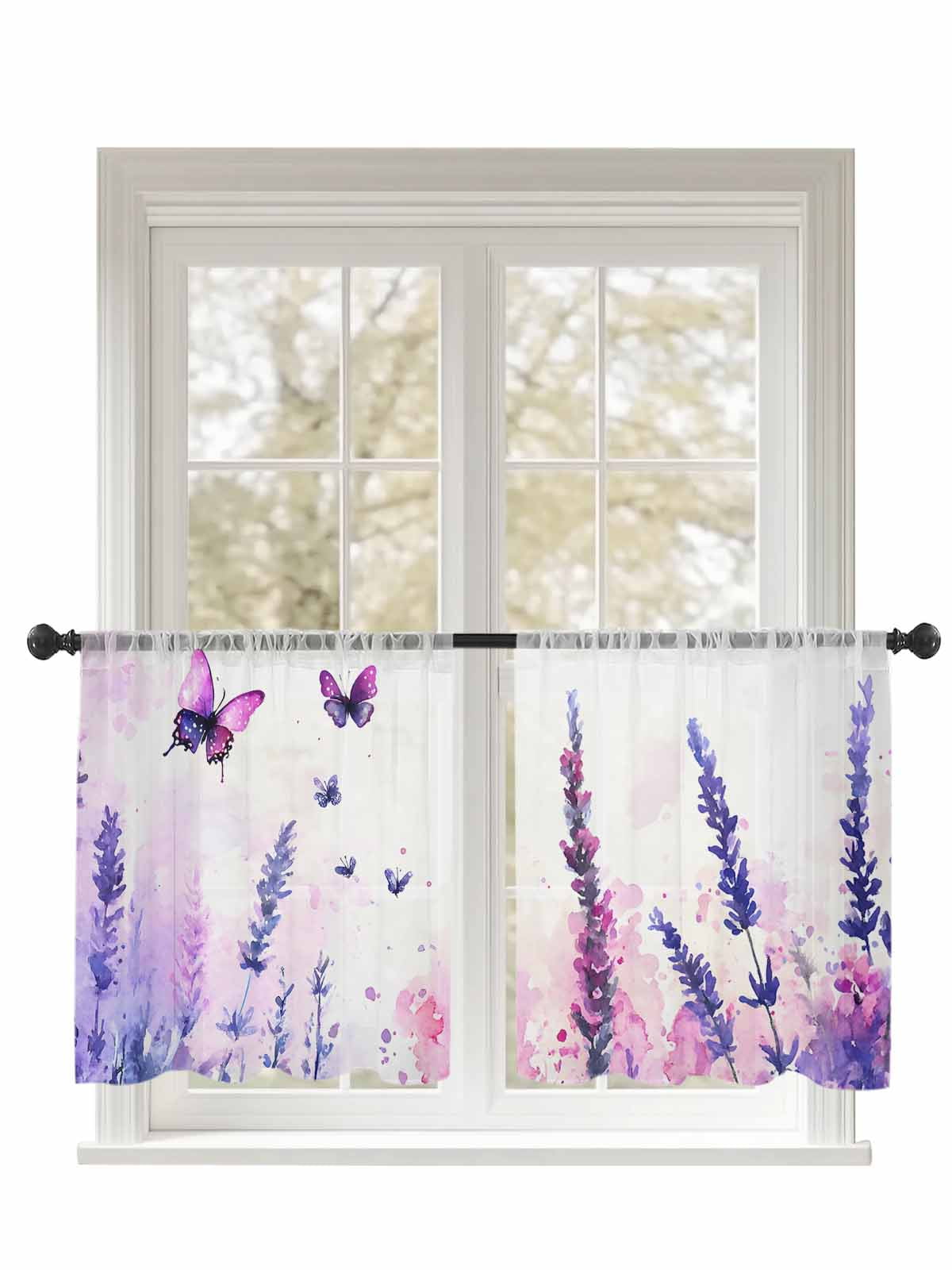 Spring Flowers Sheer Curtains 2 Panels Set Purple Lavender Butterfly ...