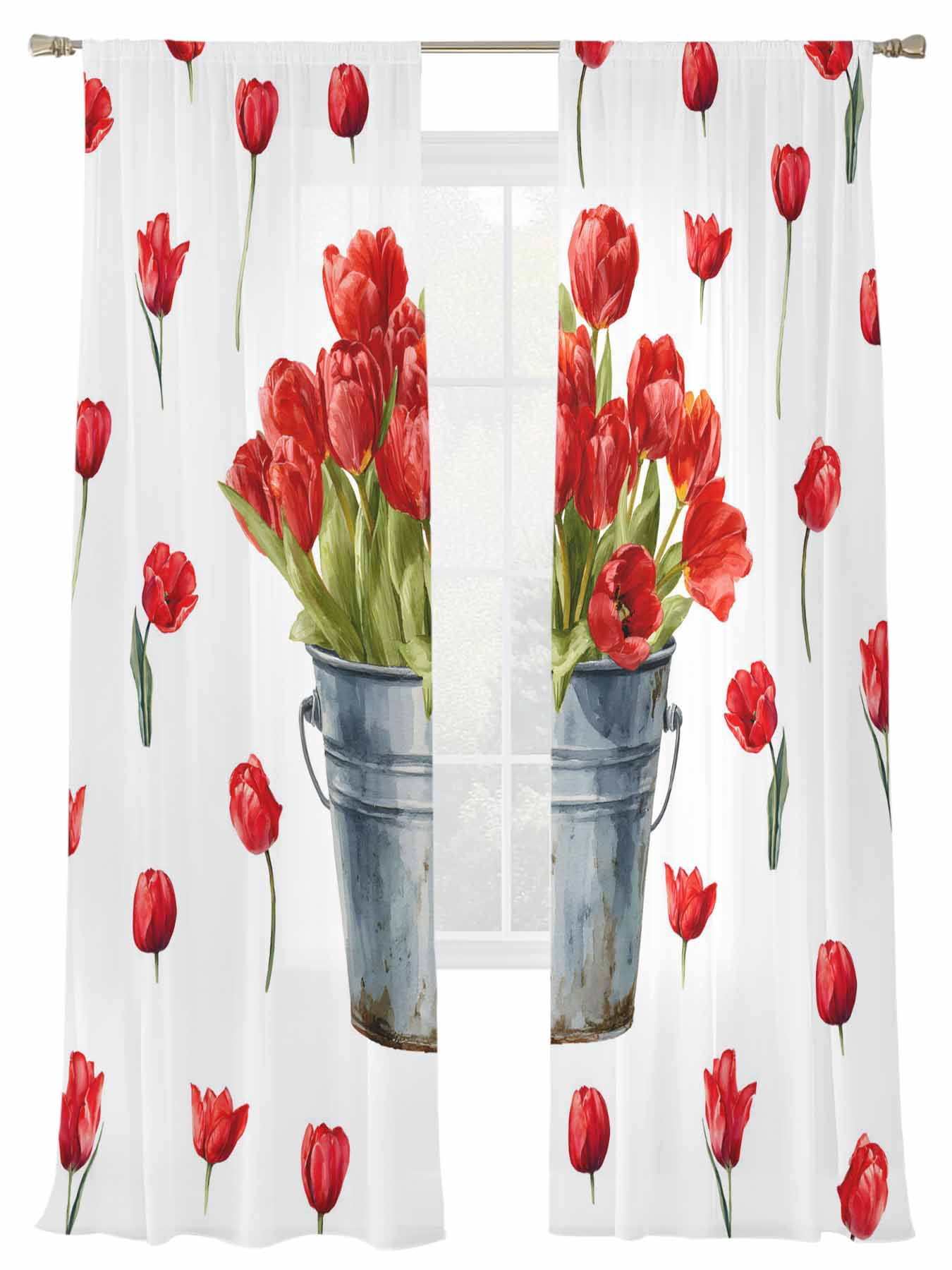 Spring Flowers Sheer Curtains 2 Panels Set Red Tulip Floral Drum Farm ...