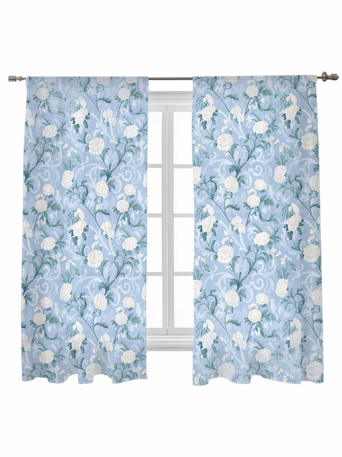 Spring Flowers Sheer Curtains 2 Panels Set Retro White Floral Blue ...