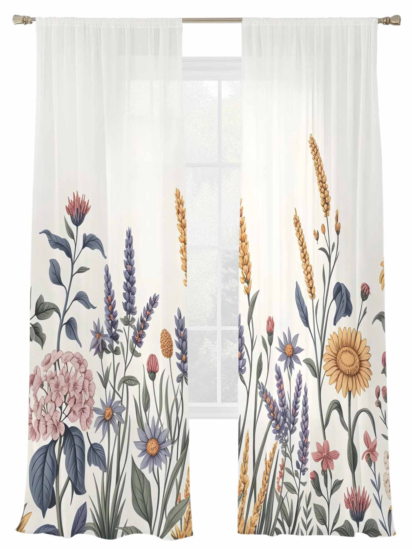 Spring Flowers Sheer Curtains 2 Panels Set Sunflower Wheat Ears Daisy ...