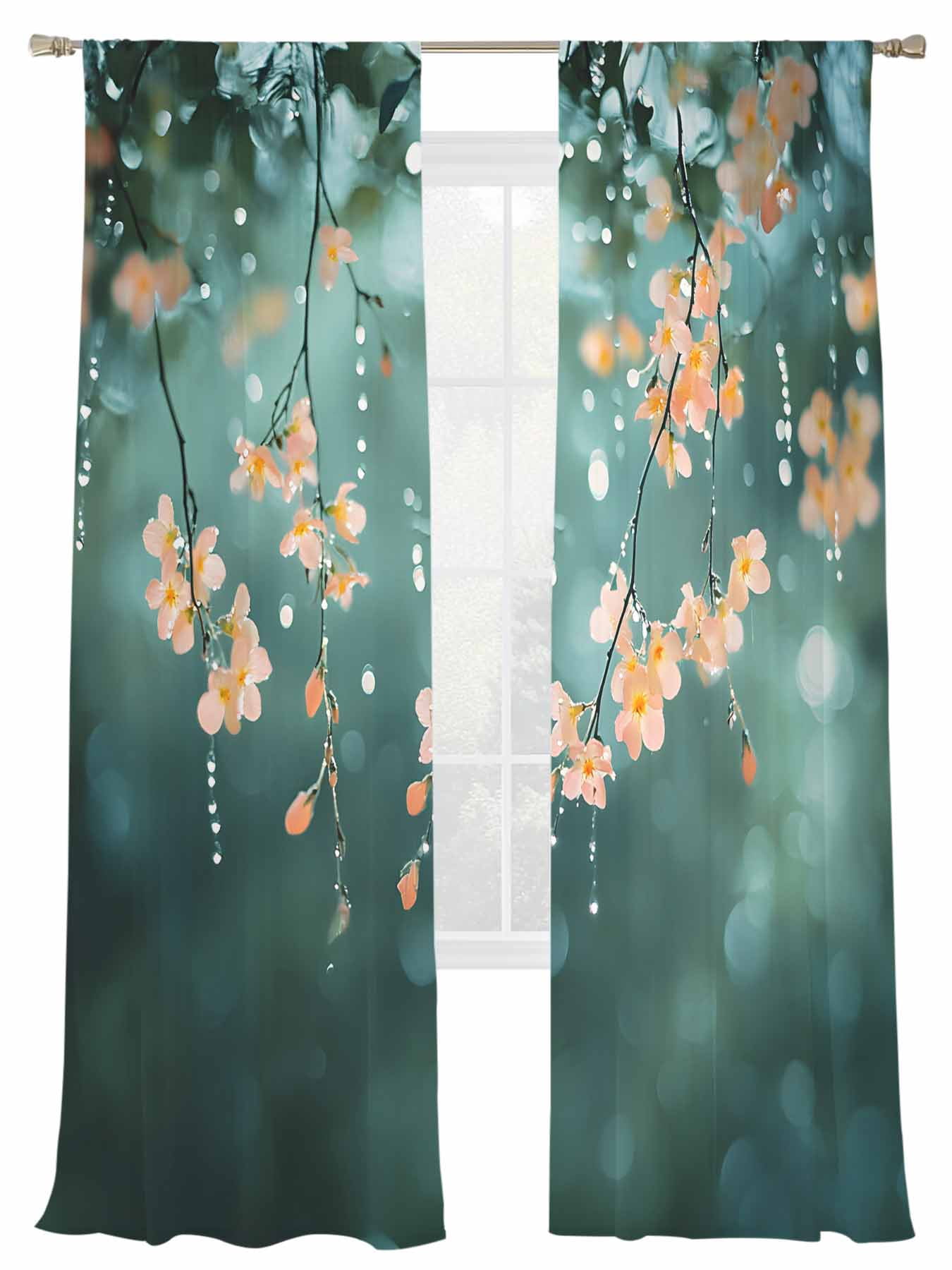 Spring Flowers Sheer Curtains 2 Panels Set Water Droplets Sheer Window ...