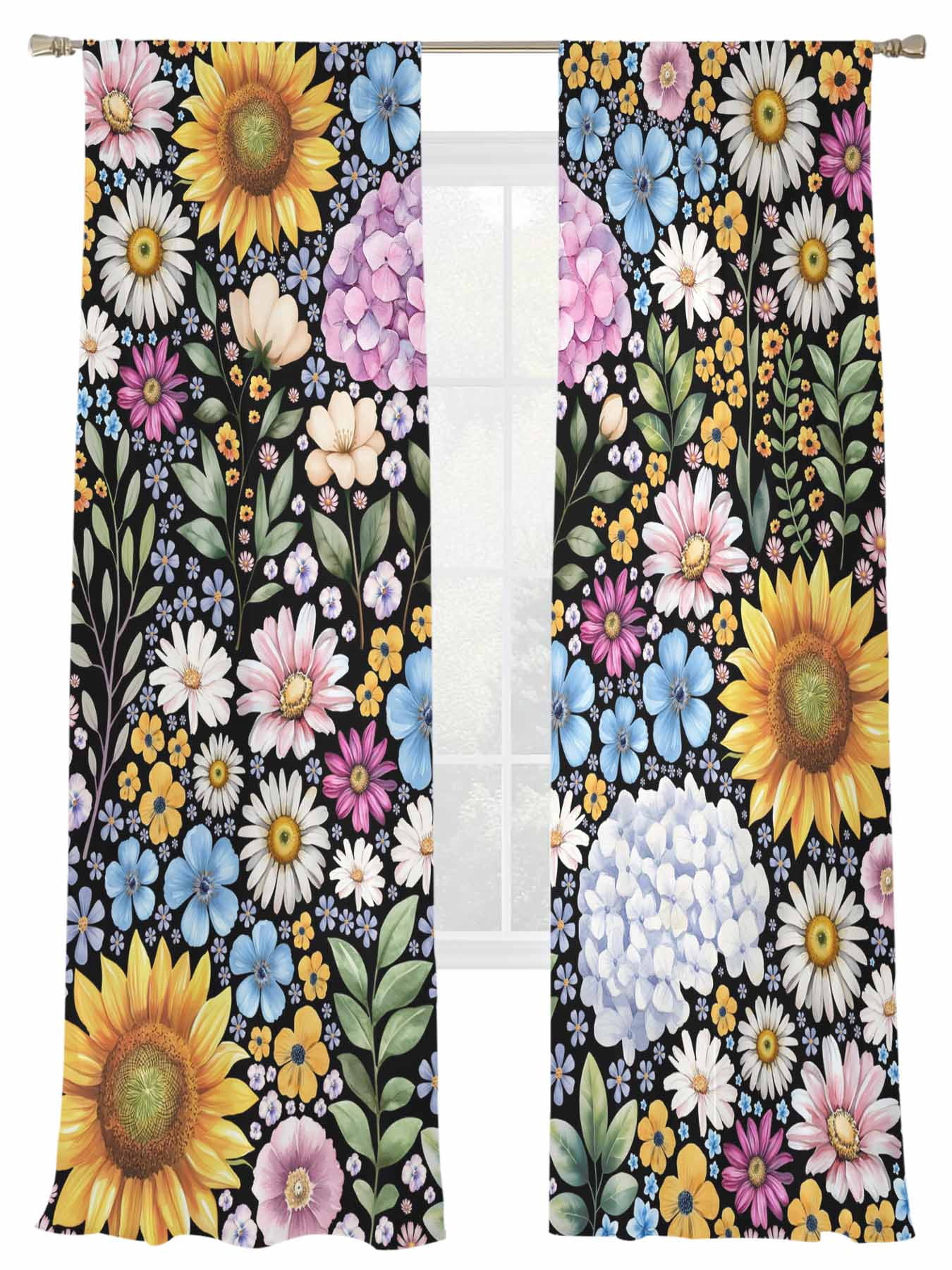 Spring Flowers Sheer Curtains 2 Panels Set Watercolor Country Colorful ...