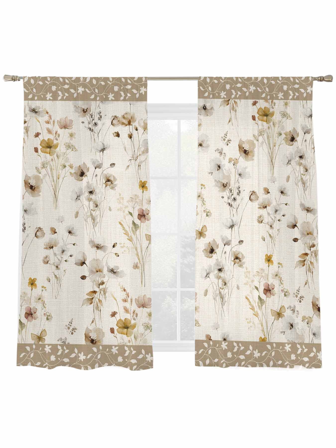 Spring Flowers Sheer Curtains 2 Panels Set Watercolor Light Yellow Grey ...
