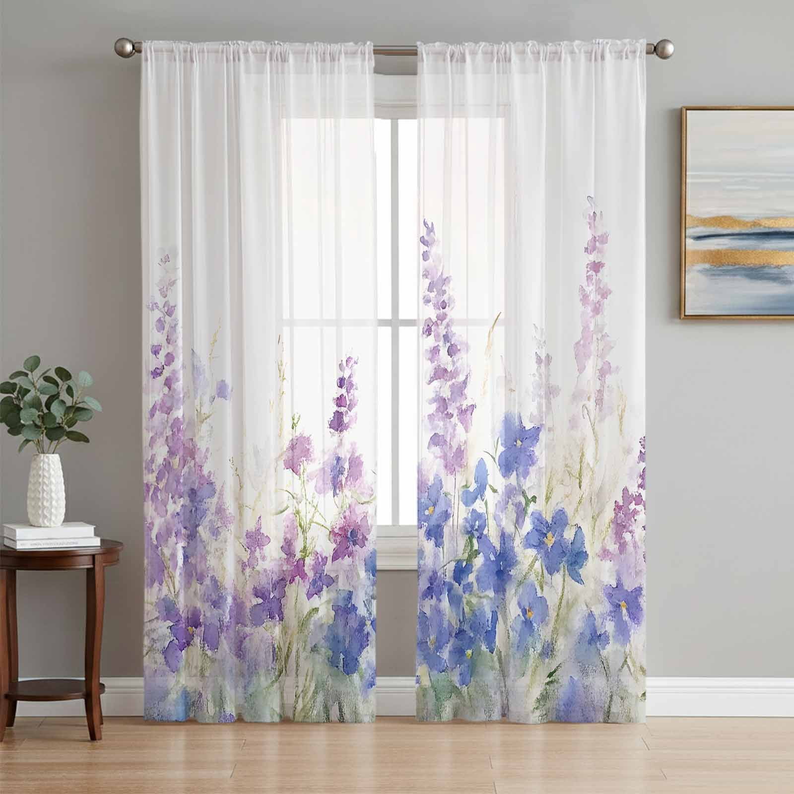 Spring Flowers Sheer Curtains 63 Inch Length 2 Panels Set, Watercolor ...