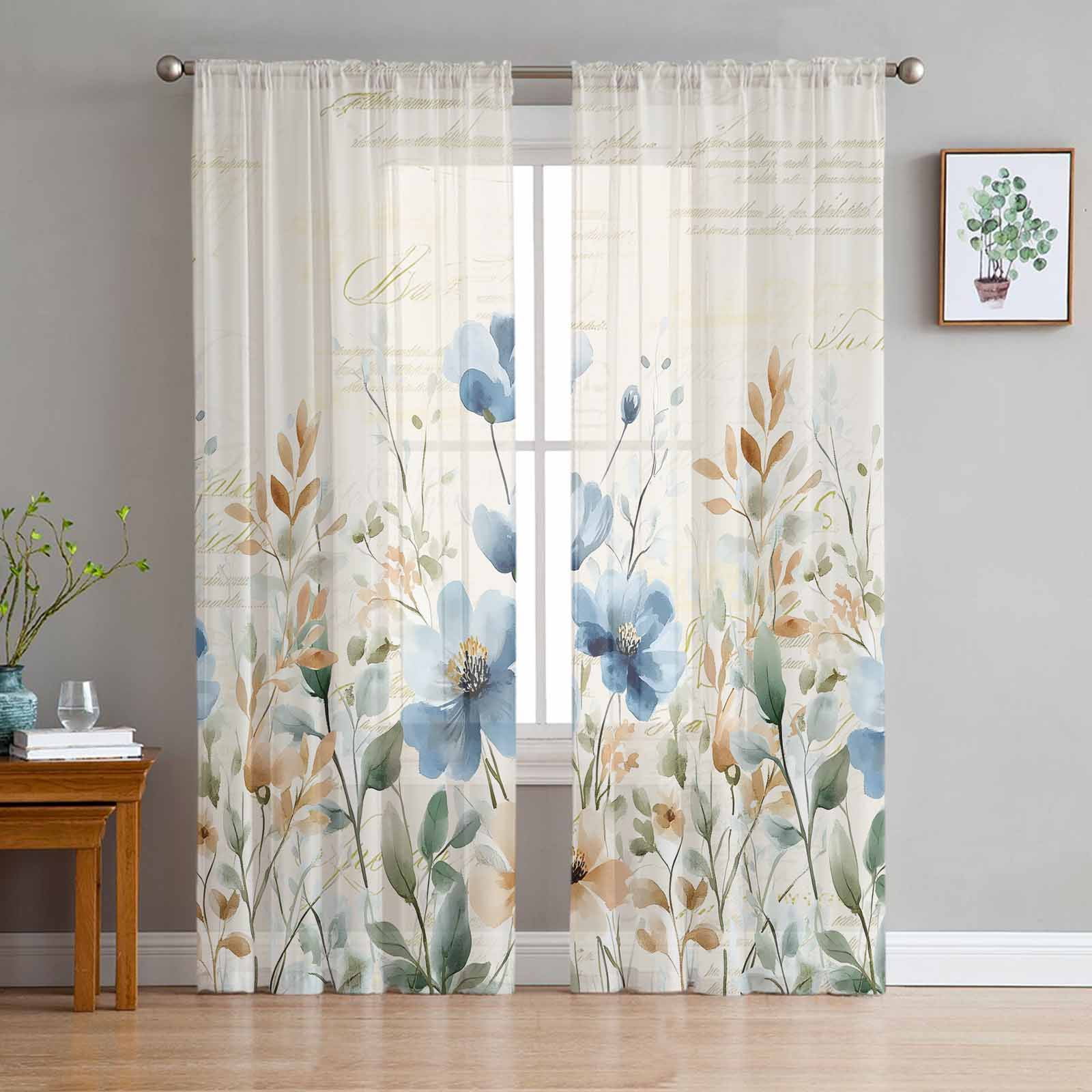 Spring Flowers Sheer Curtains 63 Inches Length 2 Panels Set, Window ...