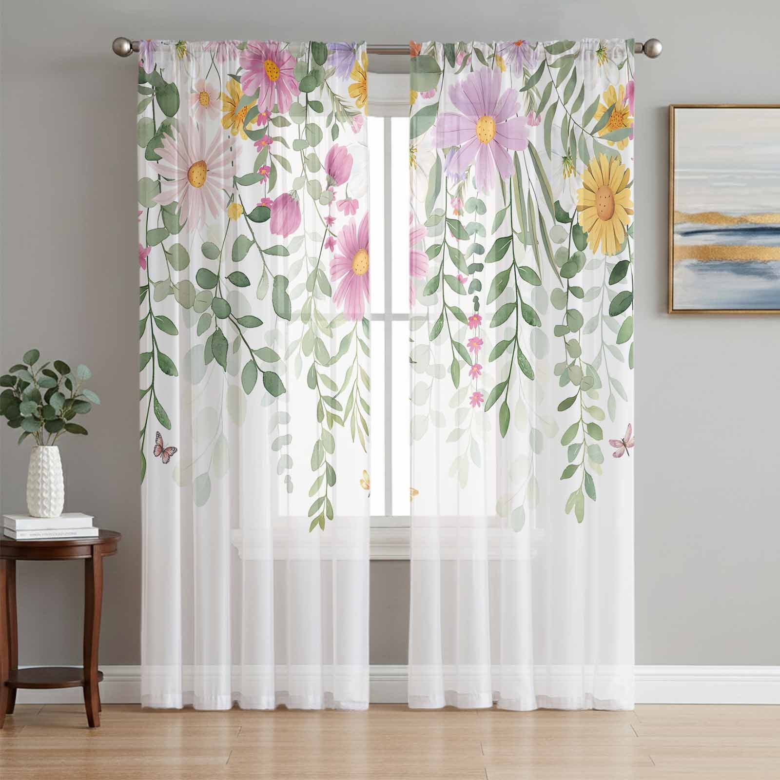Spring Flowers Sheer Curtains 72 Inch Length 2 Panels Set, Colorful ...