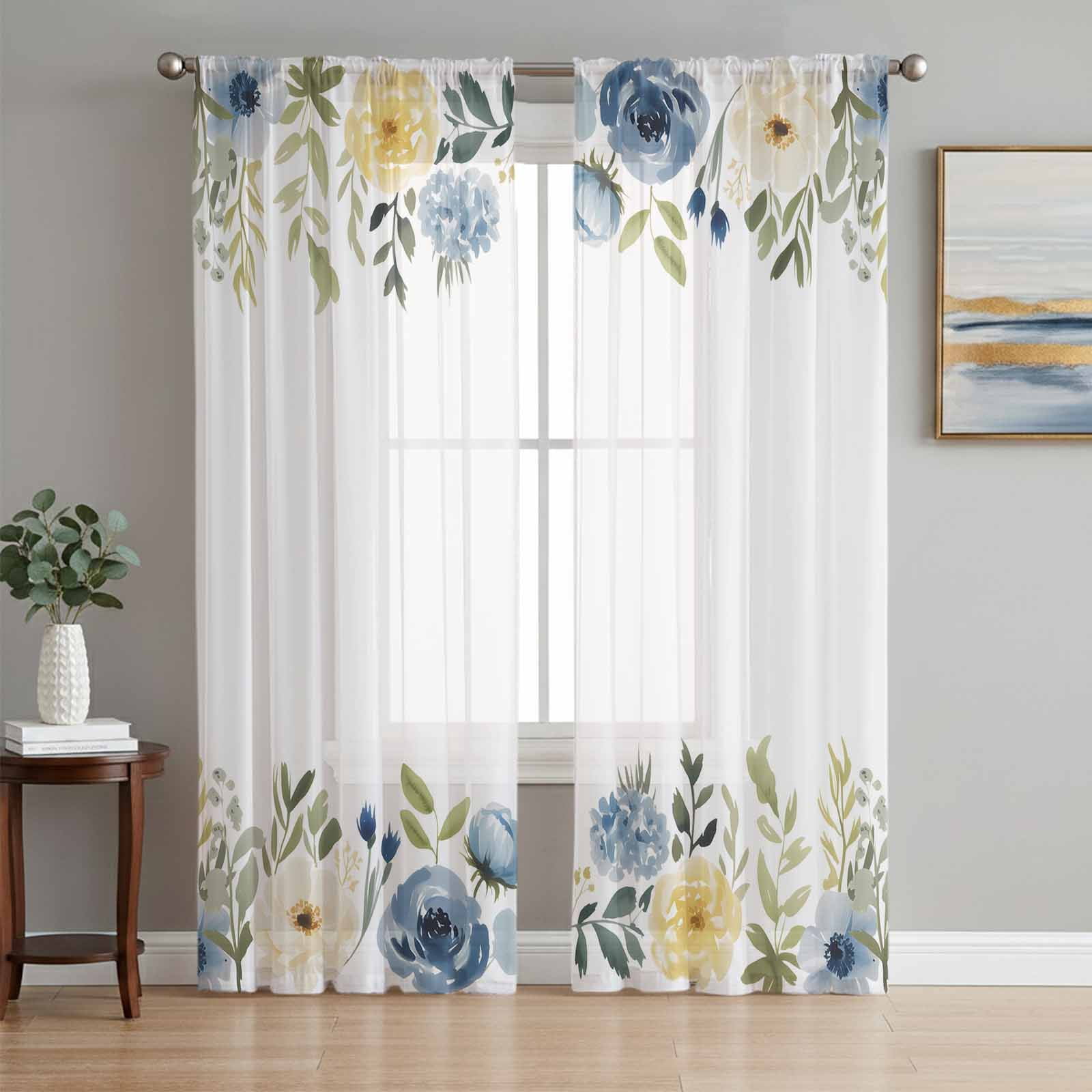 Spring Flowers Sheer Curtains 72 Inch Length 2 Panels Set, Watercolor ...