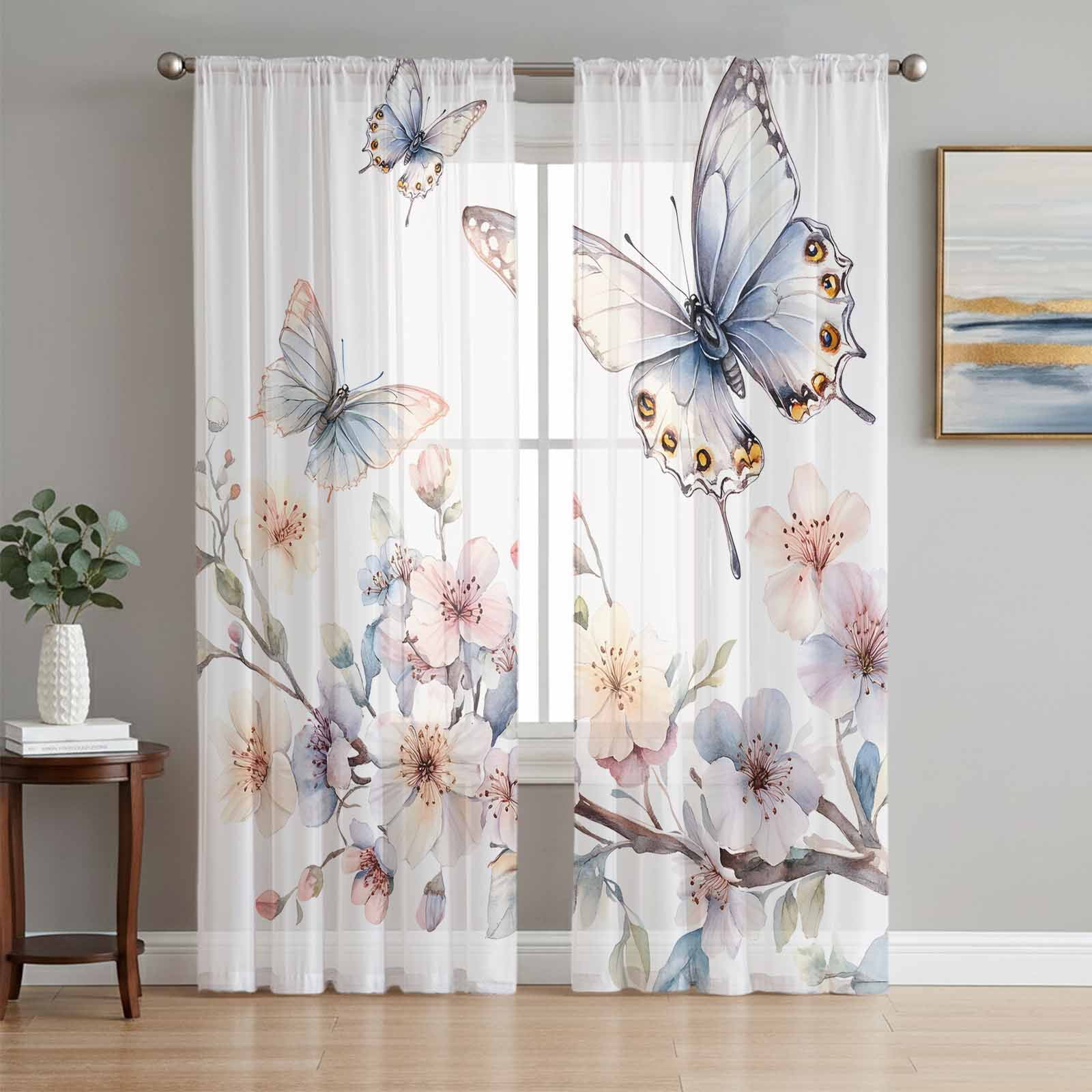 Spring Flowers Sheer Curtains 84 Inch Length 2 Panels Set, Watercolor ...