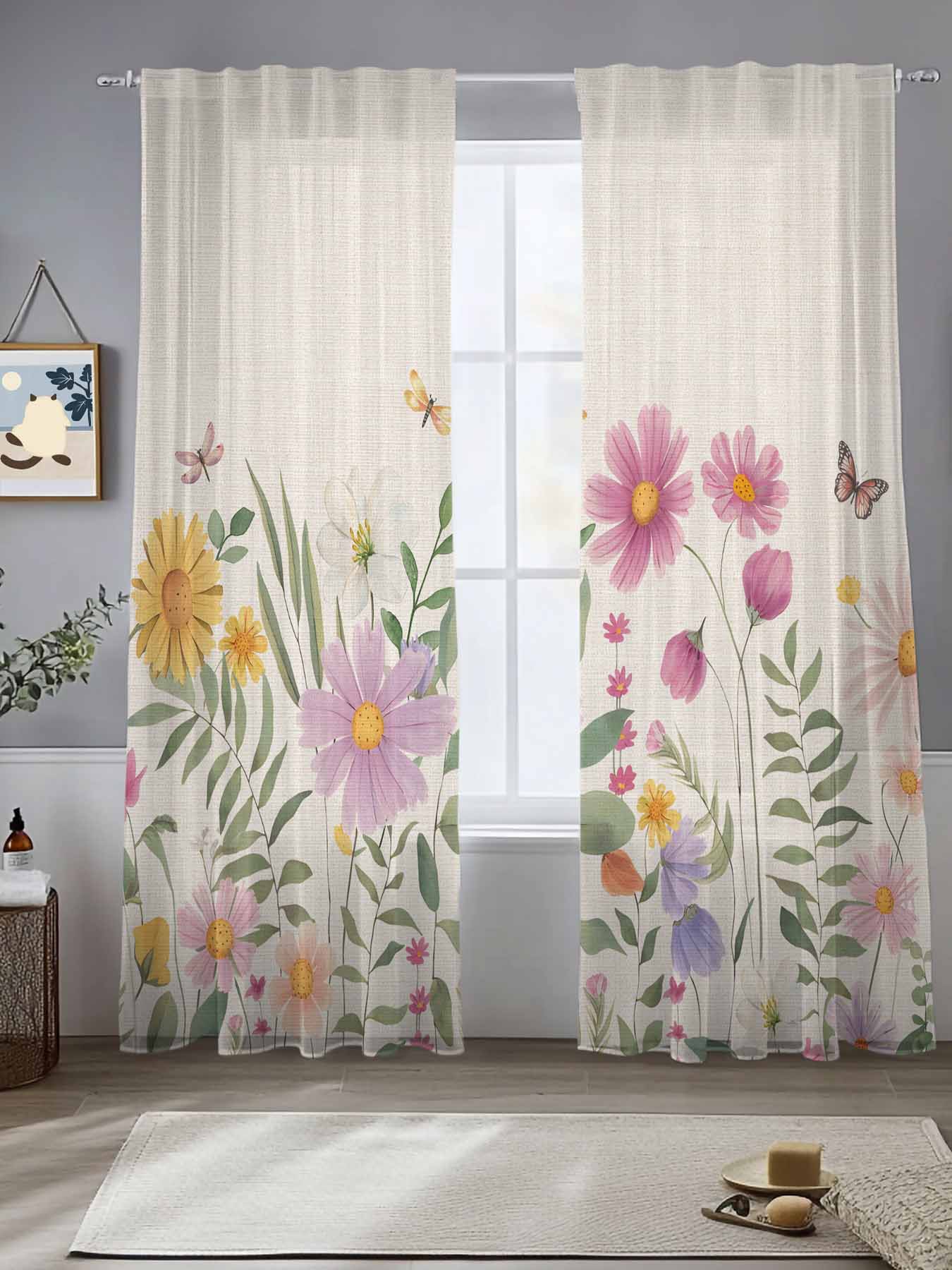 Spring Flowers Sheer Curtains for Living Room Bedroom Farmhouse Retro ...