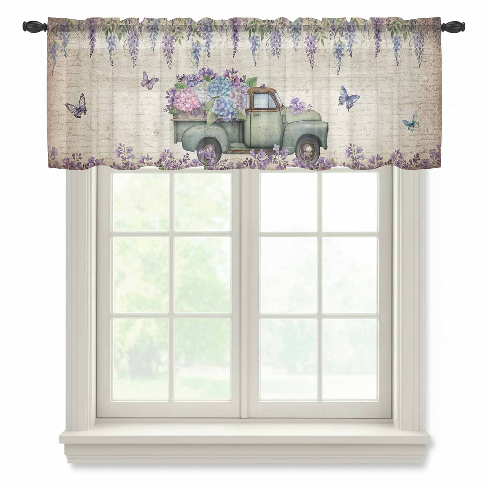 Spring Flowers Sheer Valances for Windows, Vintage Truck Watercolor ...