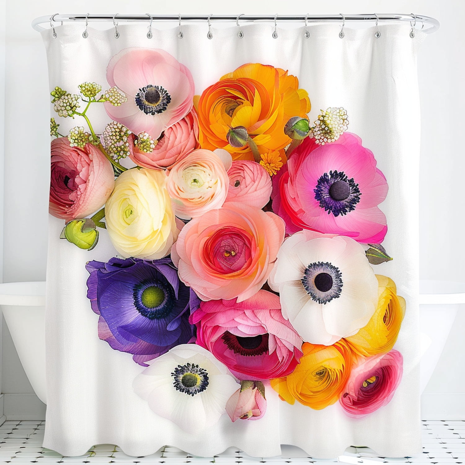 Spring Flowers Shower Curtain - Ranunculus & Anemones Bouquet Design Vibrant Colors High ...