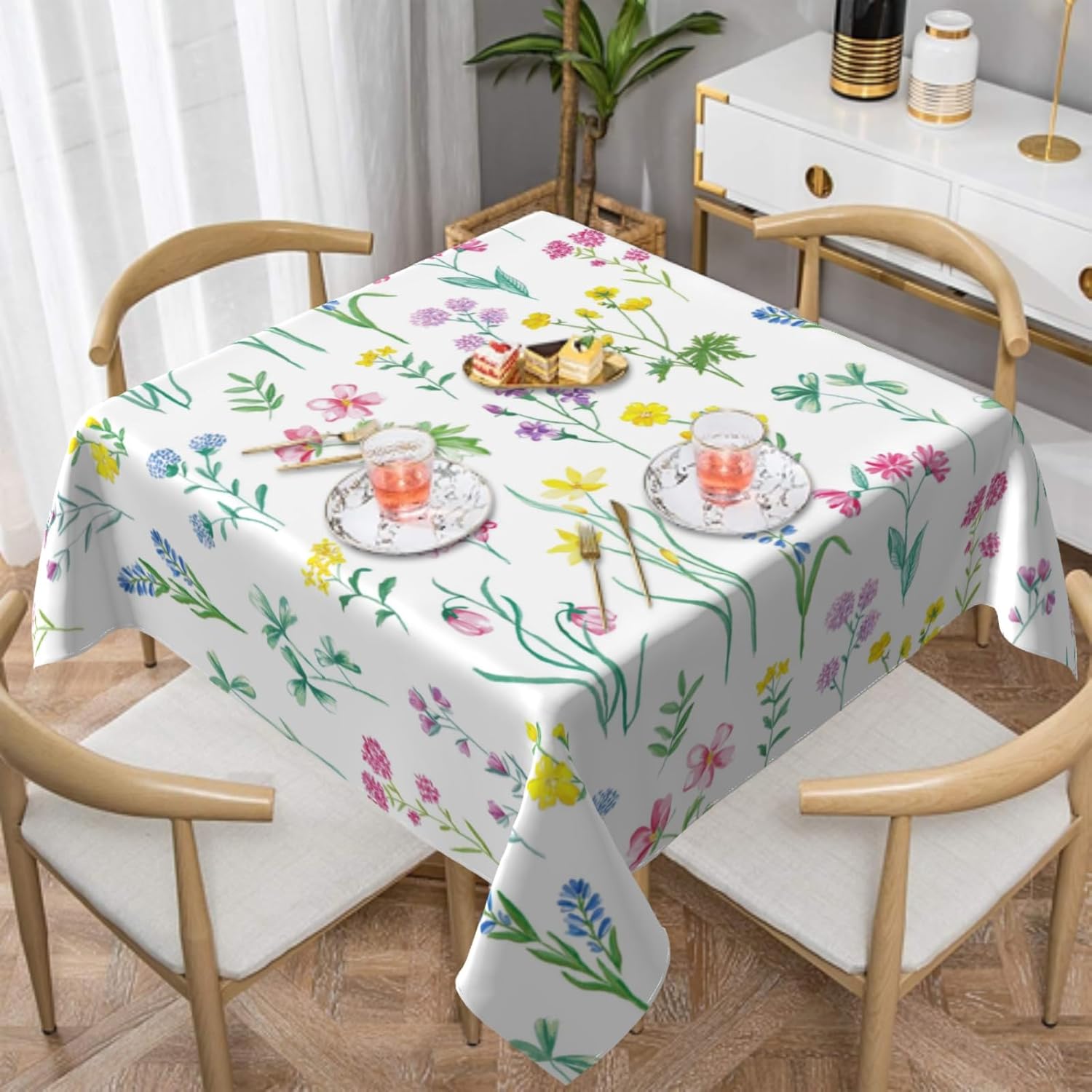 Spring Flowers Square Tablecloth 52×52 Inch Spring Summer Watercolor ...