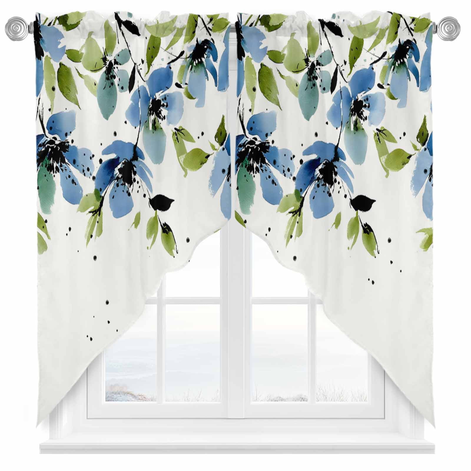 Spring Flowers Swag Kitchen Curtain Valances, Watercolor Blue Black ...