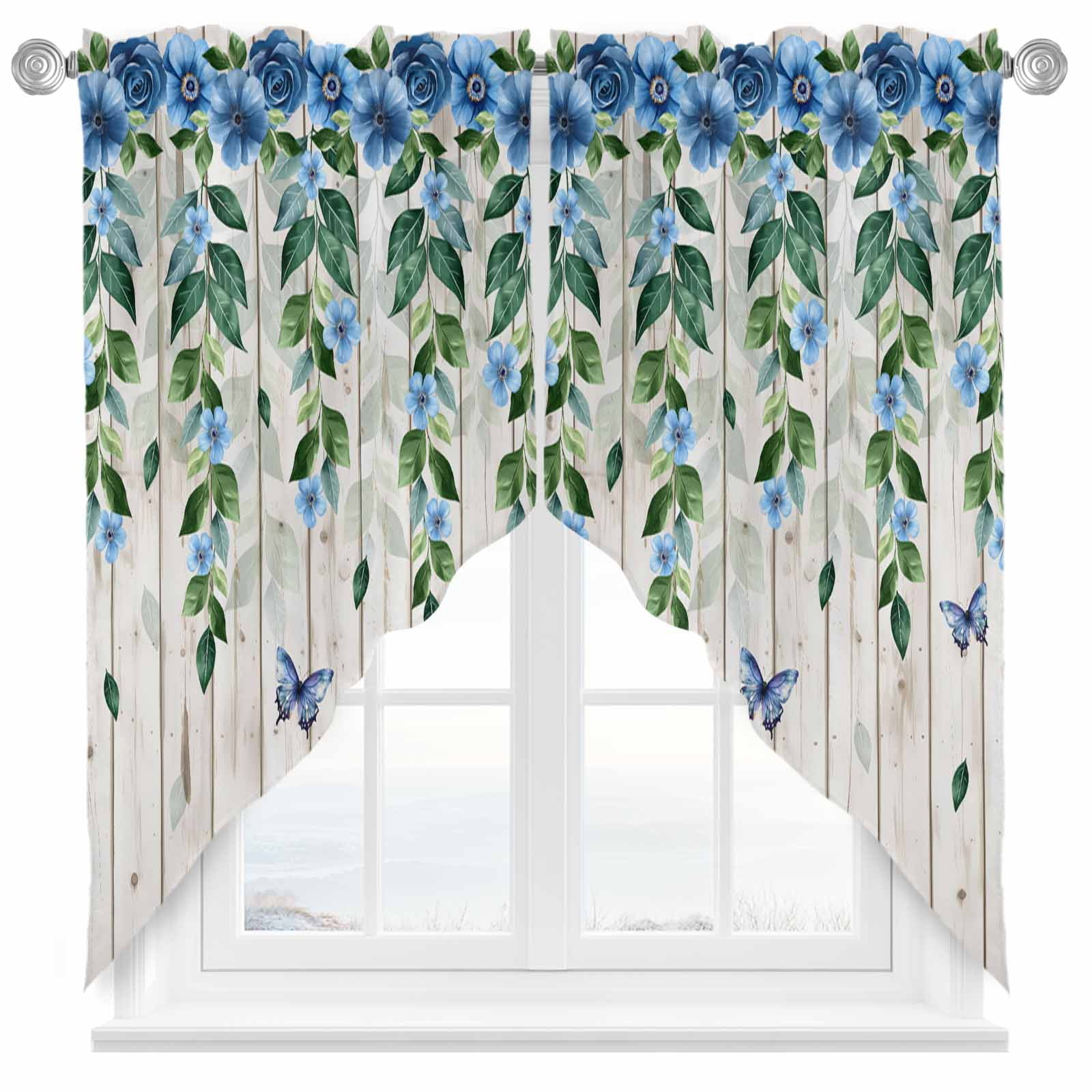 Spring Flowers Swag Kitchen Curtain Valances, Watercolor Blue Flowers ...