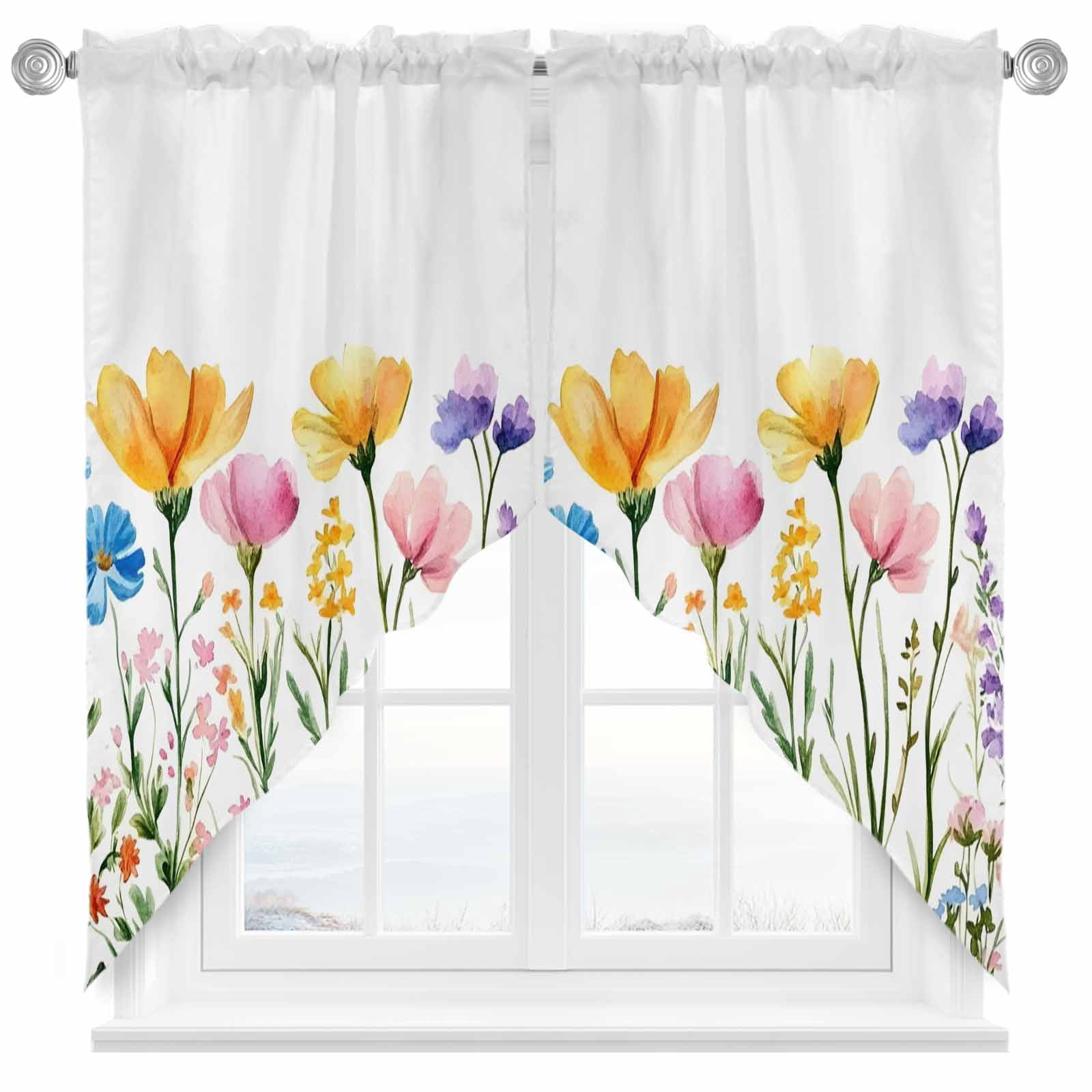 Spring Flowers Swag Kitchen Curtain Valances, Watercolor Country ...