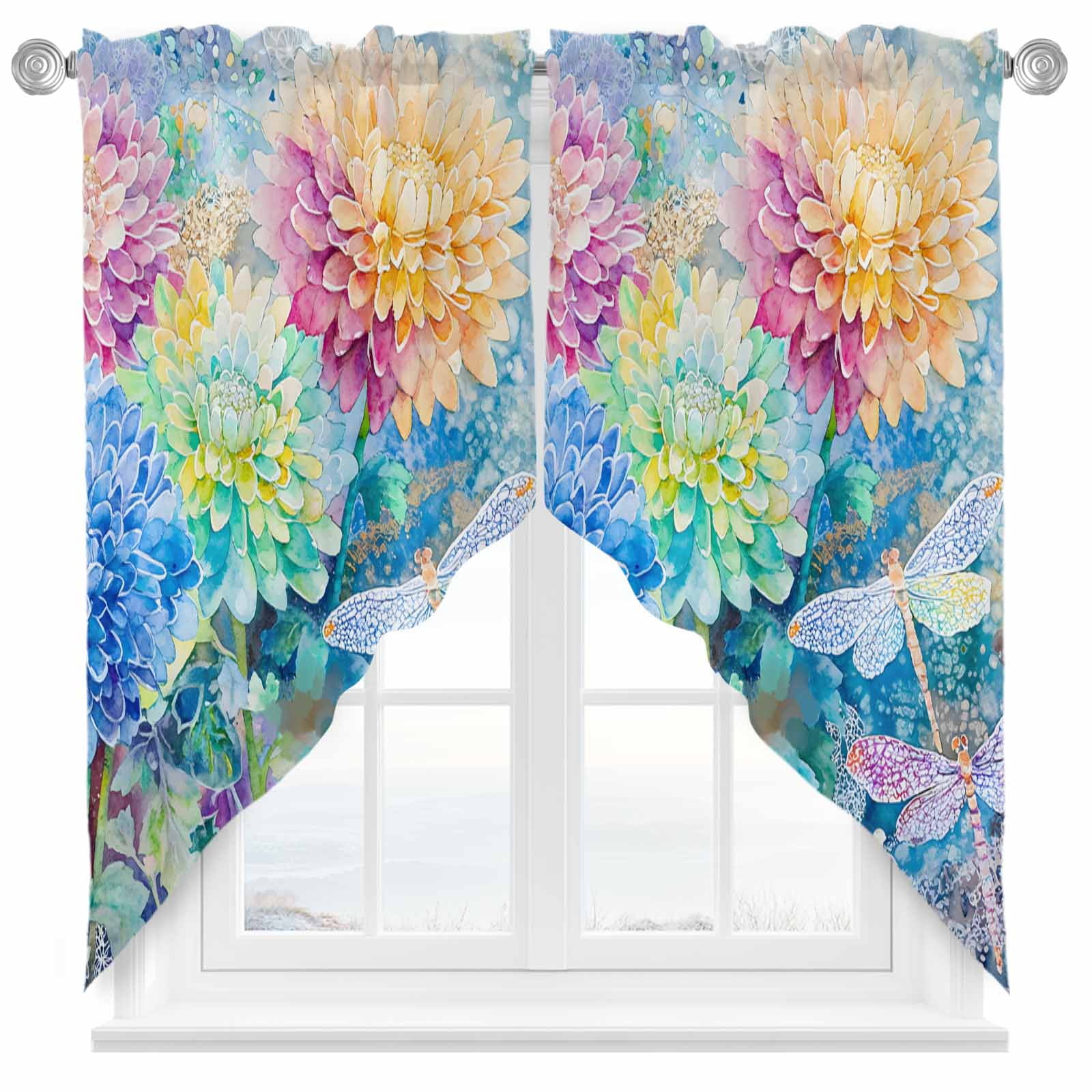 Spring Flowers Swag Kitchen Curtain Valances, Watercolor Pink Yellow ...