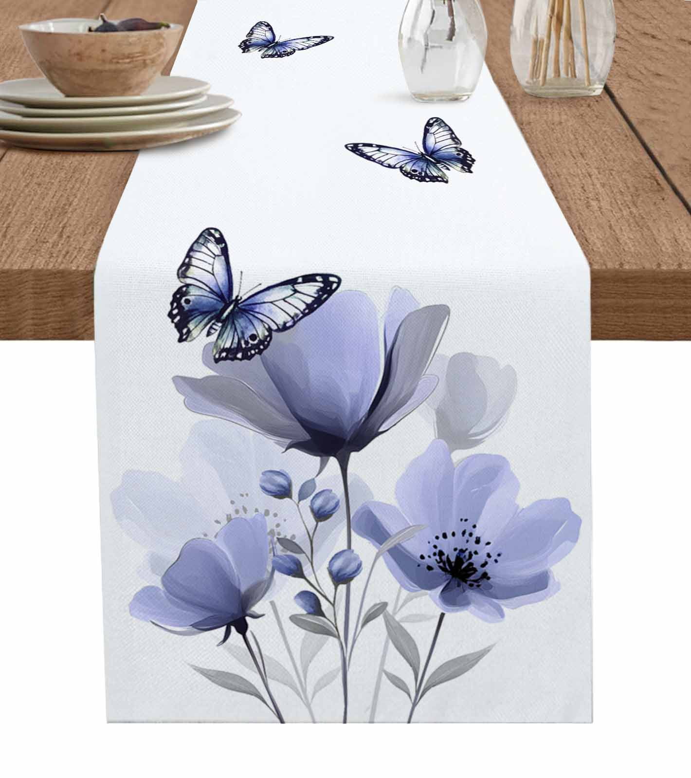 Spring Flowers Table Runner 120 Inches, Pastoral Purple Butterfly ...
