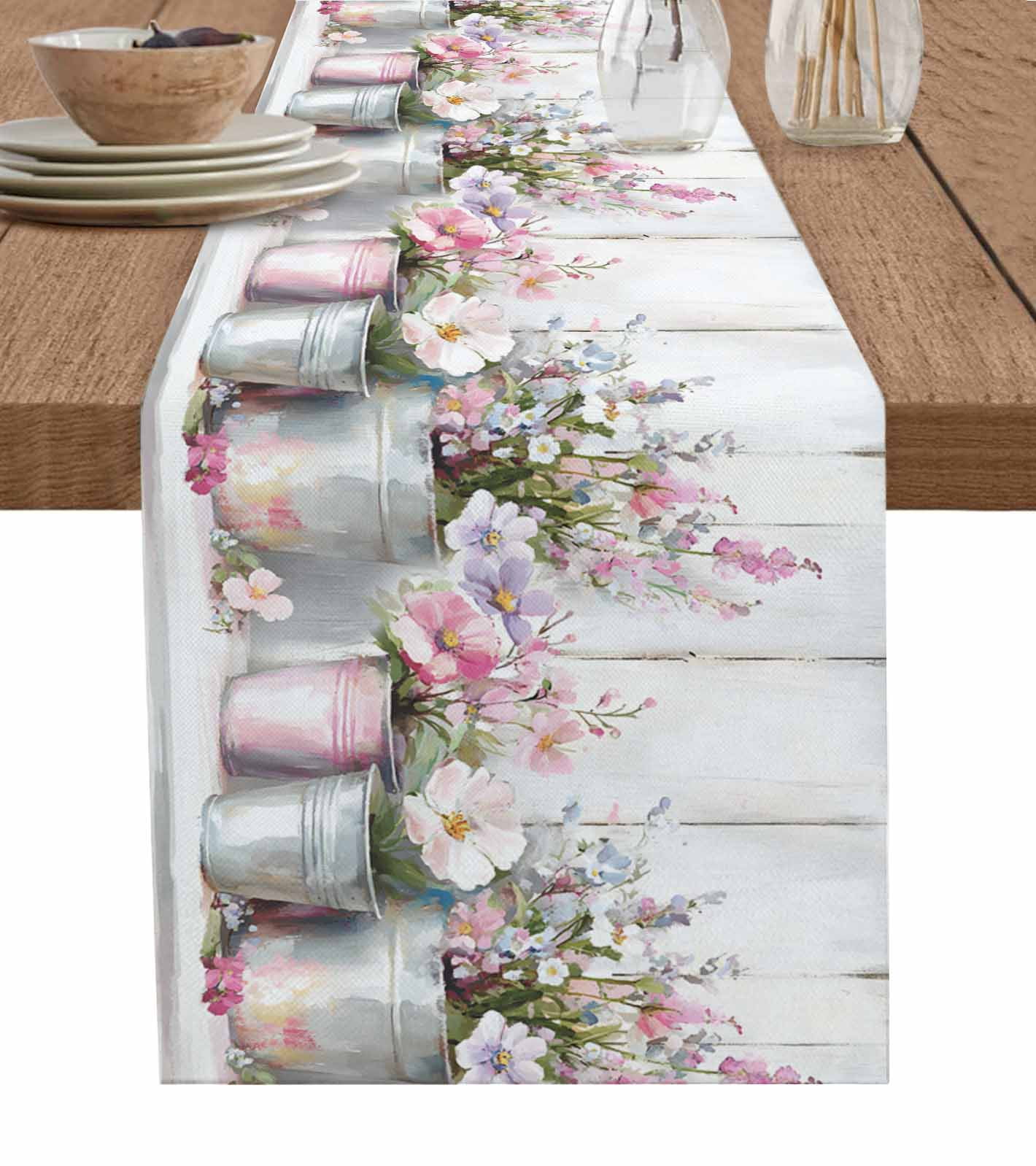 Spring Flowers Table Runner 120 Inches, Purple Pink Floral Vintage Wooden Plank Bed Runner ...