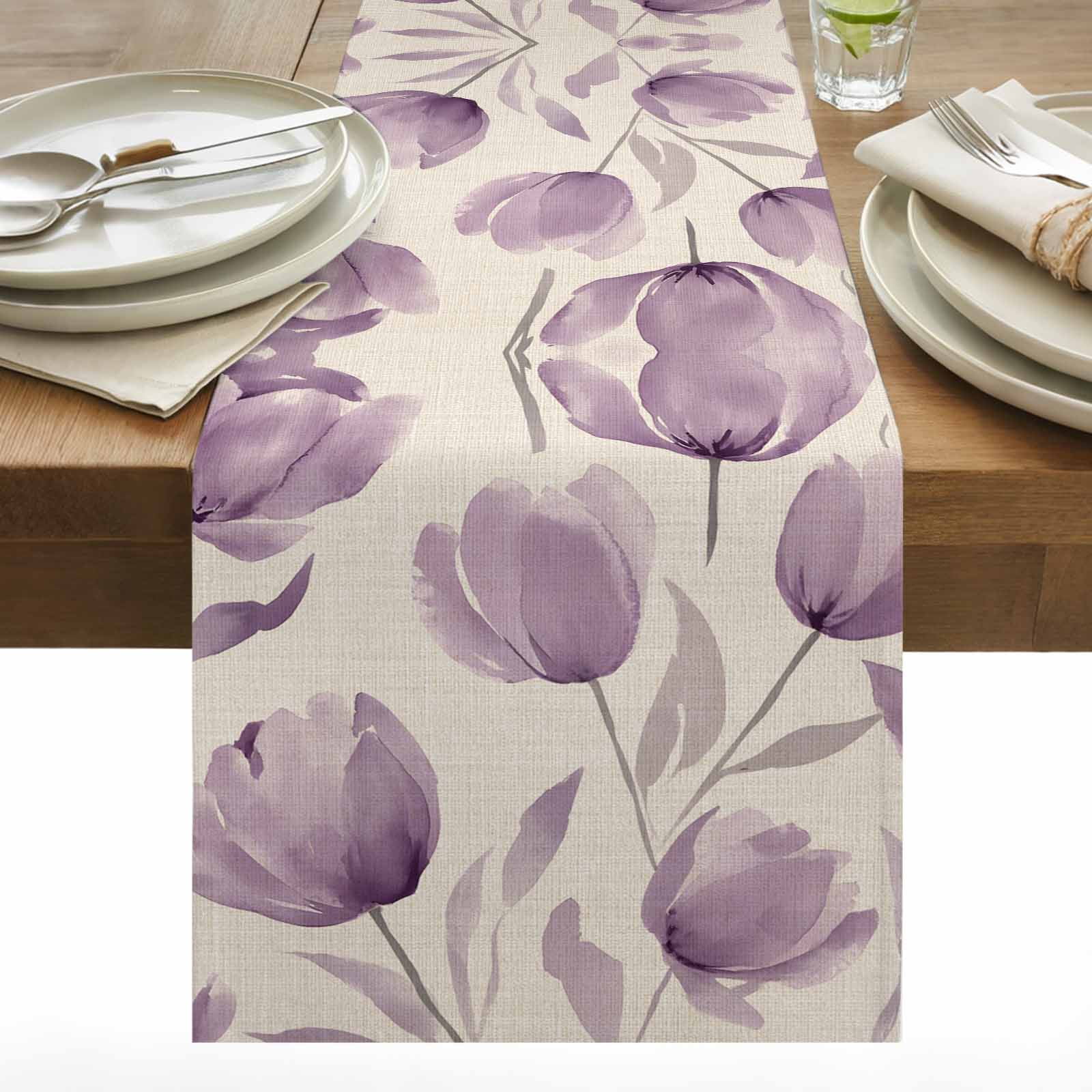 Spring Flowers Table Runner 13x36 inch Purple Tulip Flower Cotton Linen ...