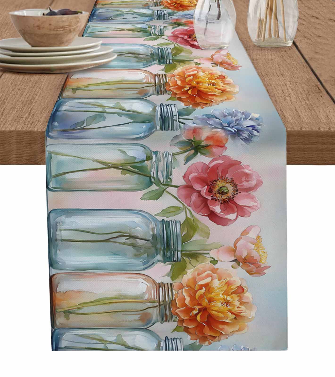 Spring Flowers Table Runner 70 Inches, Spring Country Botanical Bottle ...