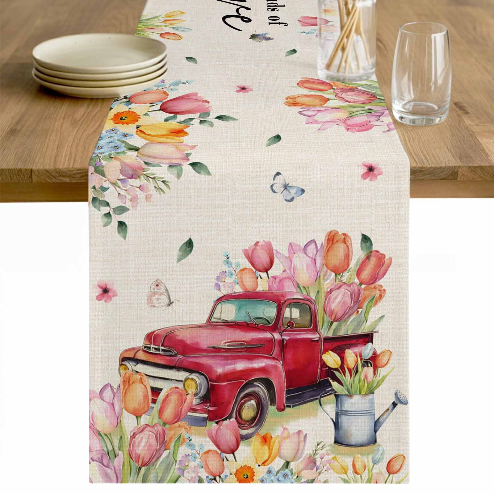 Spring Flowers Table Runner - 72 Inch Long Country Red Truck Pink ...
