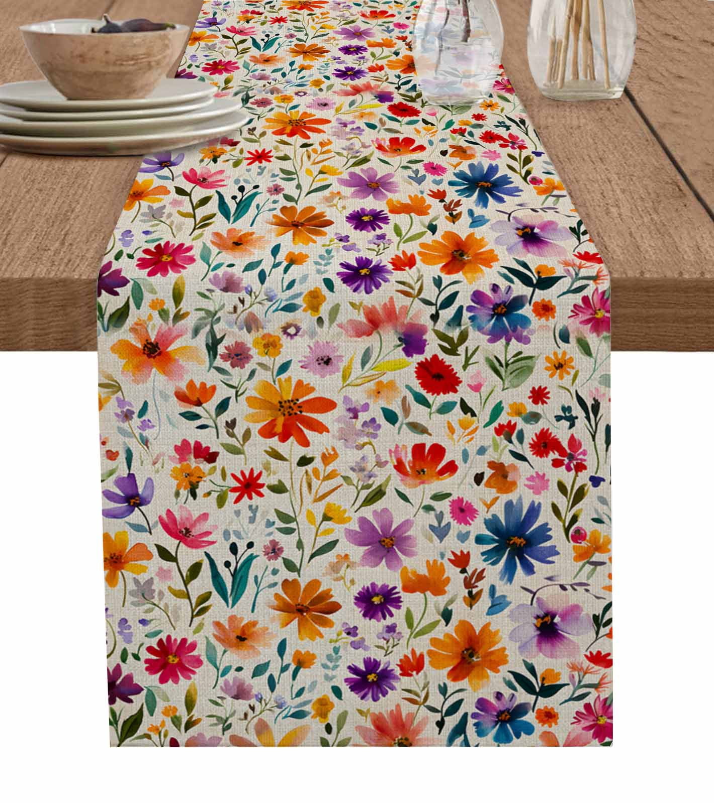 Spring Flowers Table Runner 72 Inches, Beige Retro Floral Country ...