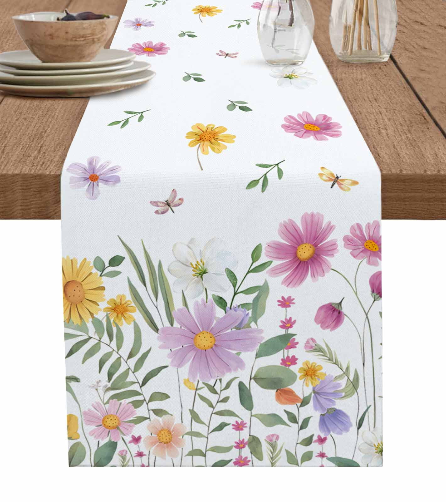 Spring Flowers Table Runner 72 Inches, Colorful Botanical Floral Leaves ...