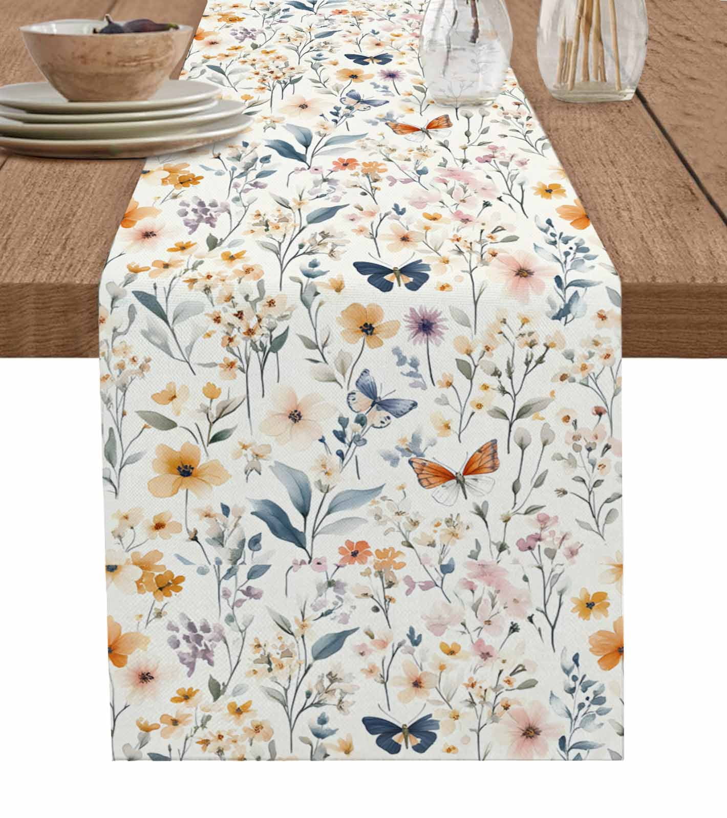 Spring Flowers Table Runner 72 Inches, Country Watercolor Floral ...