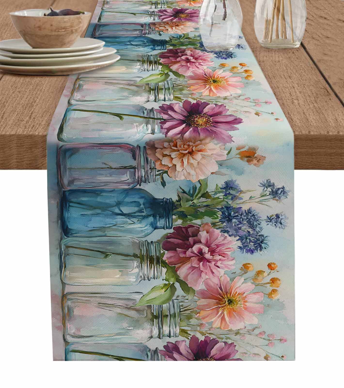 Spring Flowers Table Runner 72 Inches, Farmhouse Watercolor Floral ...