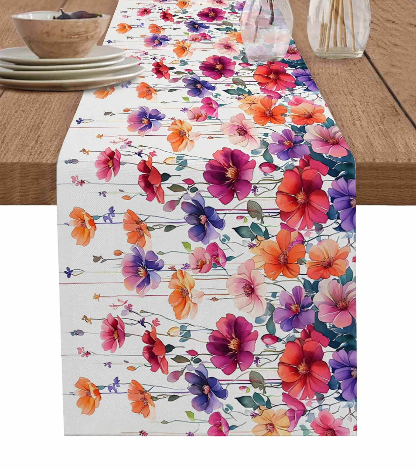 Spring Flowers Table Runner 72 Inches, Modern Watercolor Paining Leaf ...