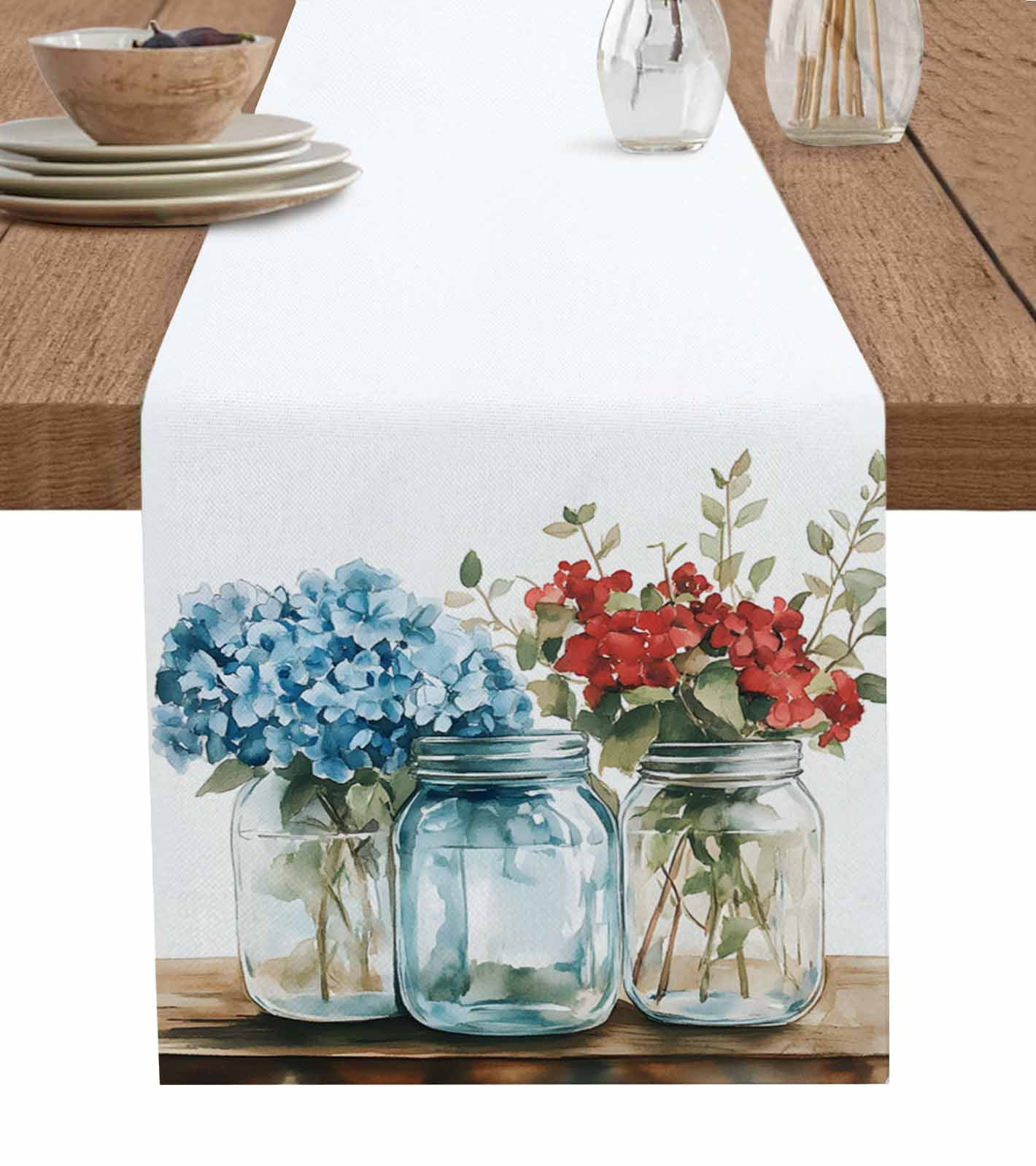 Spring Flowers Table Runner 72 Inches, Red Blue Bottle Floral Watecolor ...