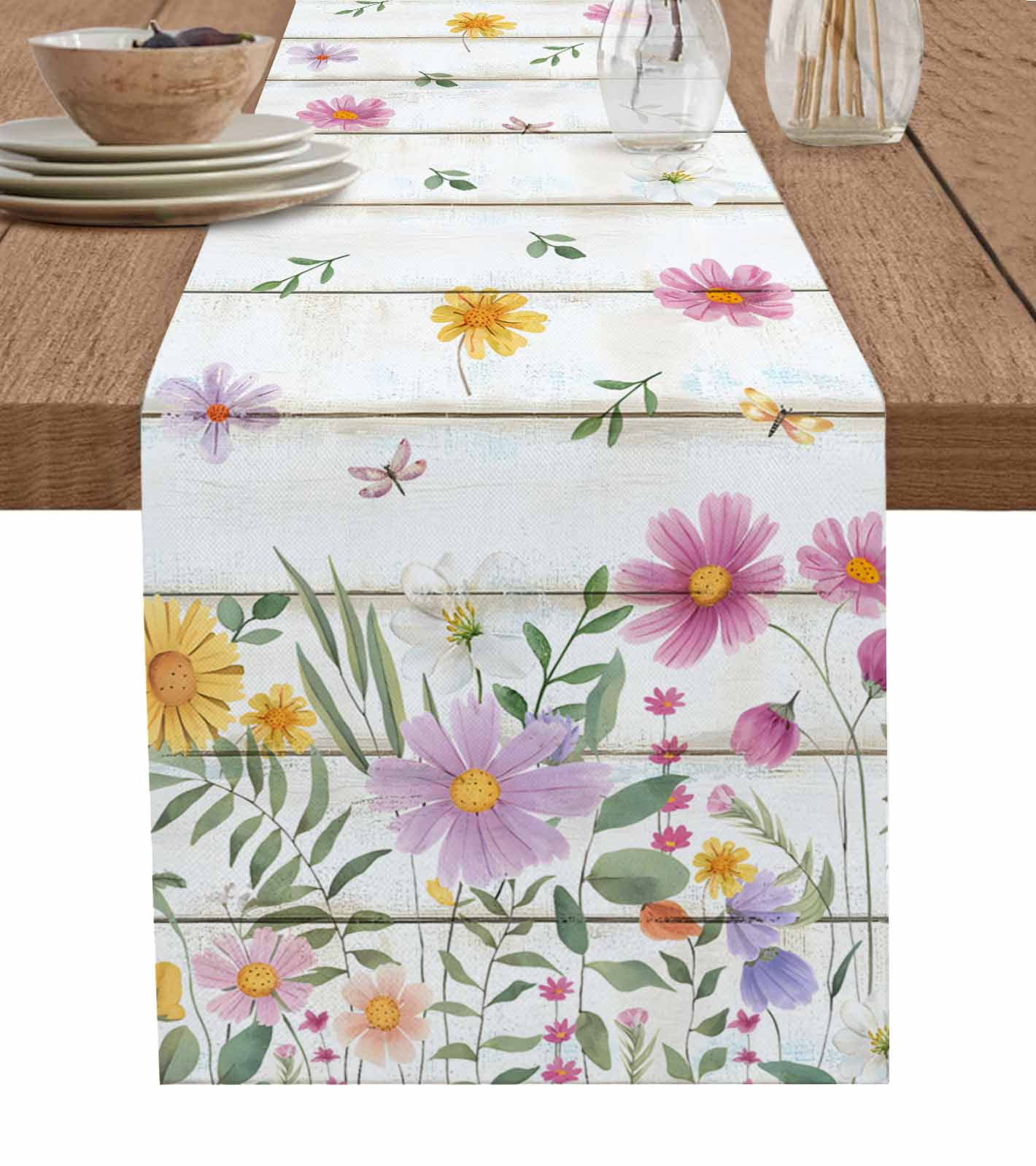 Spring Flowers Table Runner 72 Inches, Watercolor Floral Leaves Wooden ...