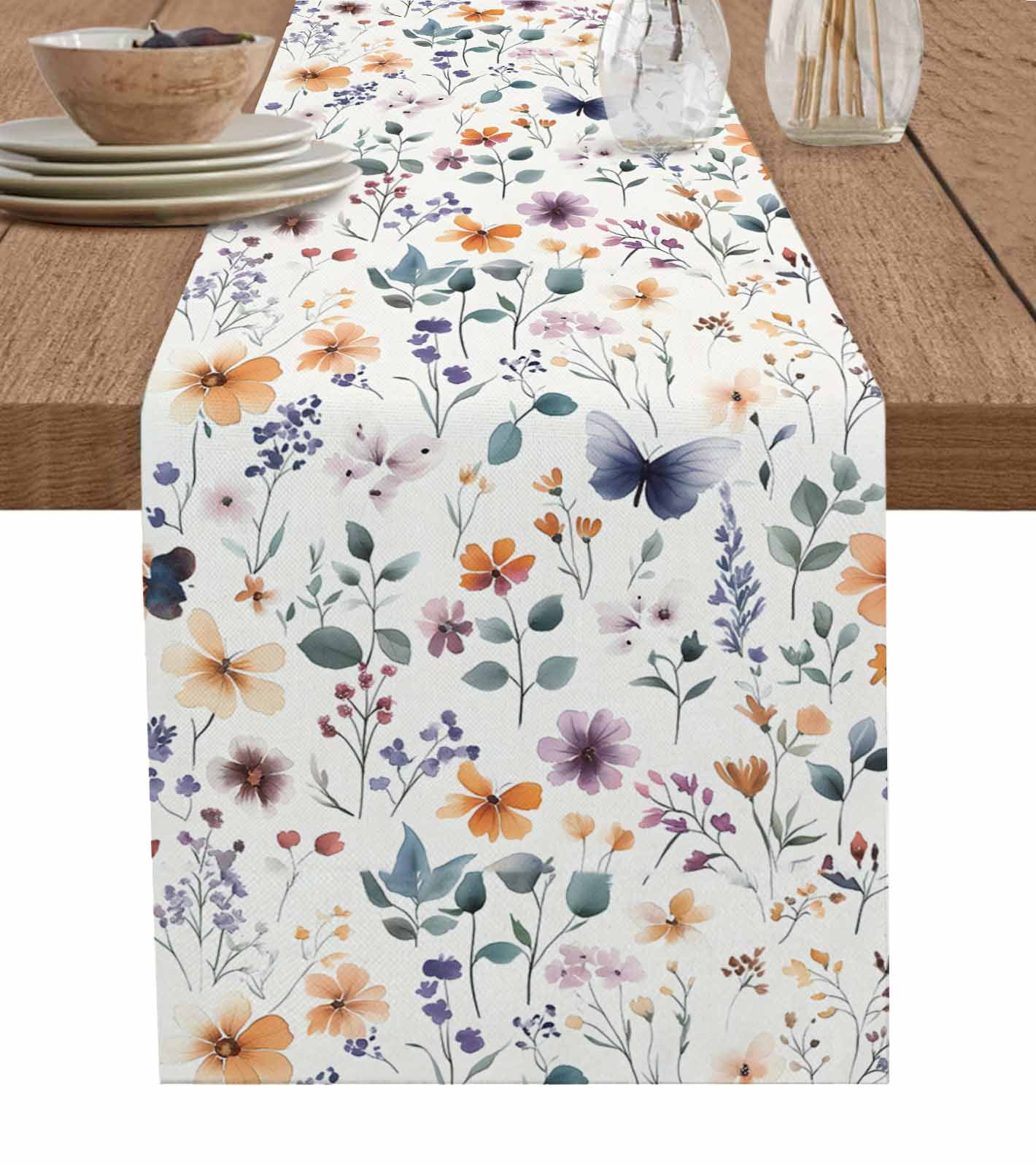 Spring Flowers Table Runner 90 Inches, Watercolor Country Floral Herbs ...