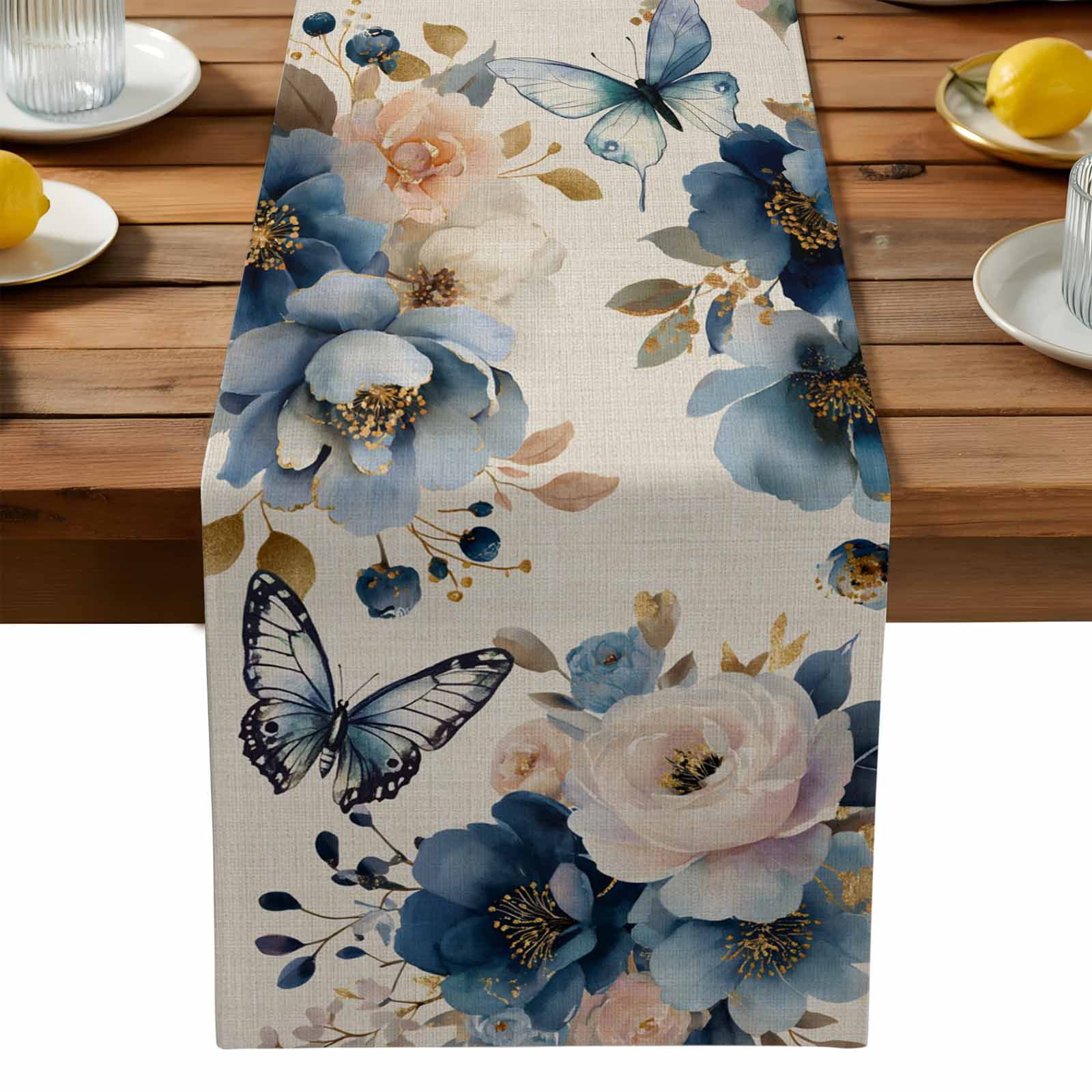 Spring Flowers Table Runner, Country Watercolor White Blue Floral ...