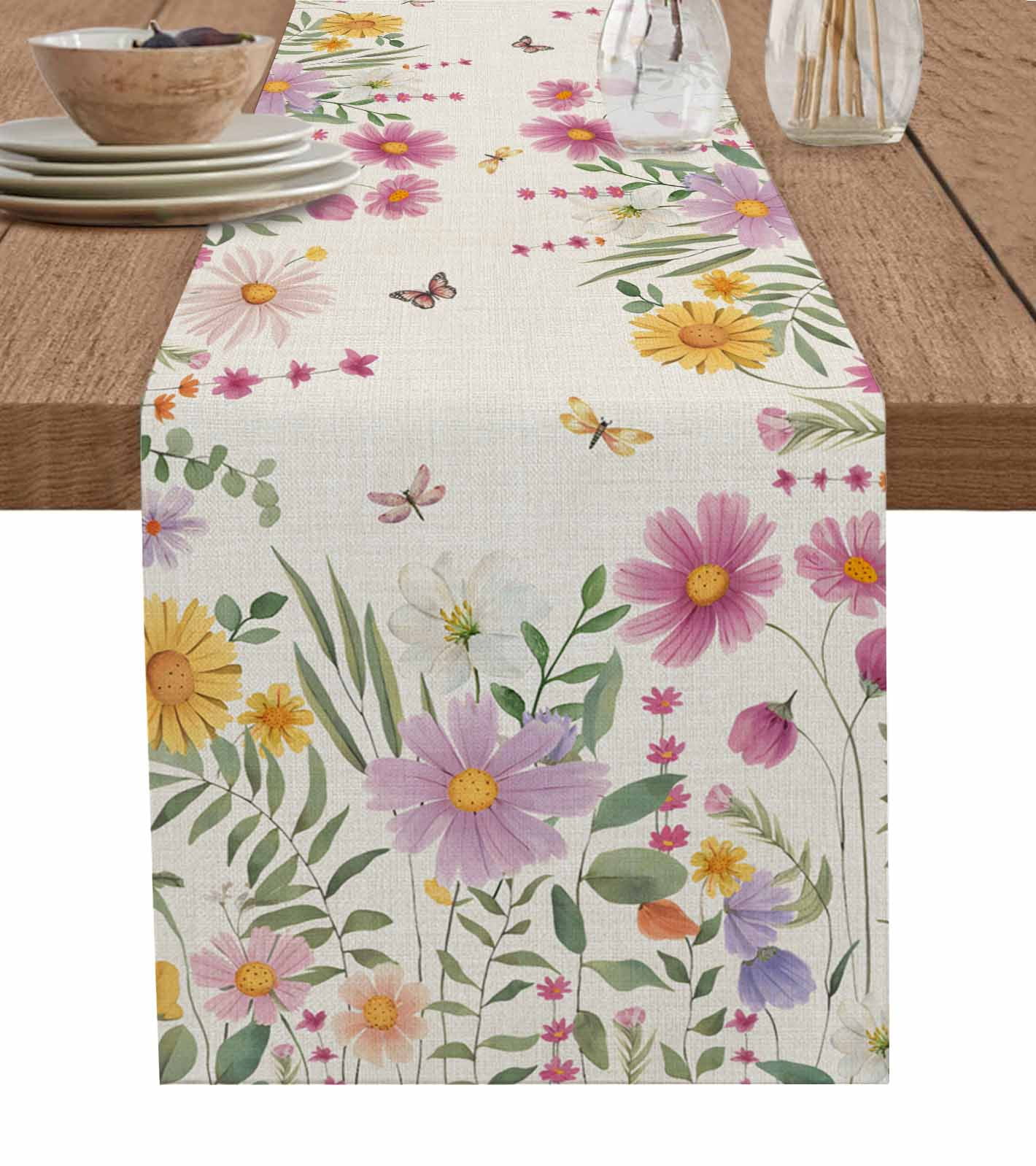 Spring Flowers Table Runner Farmhouse Retro Botanical Floral Butterfly ...