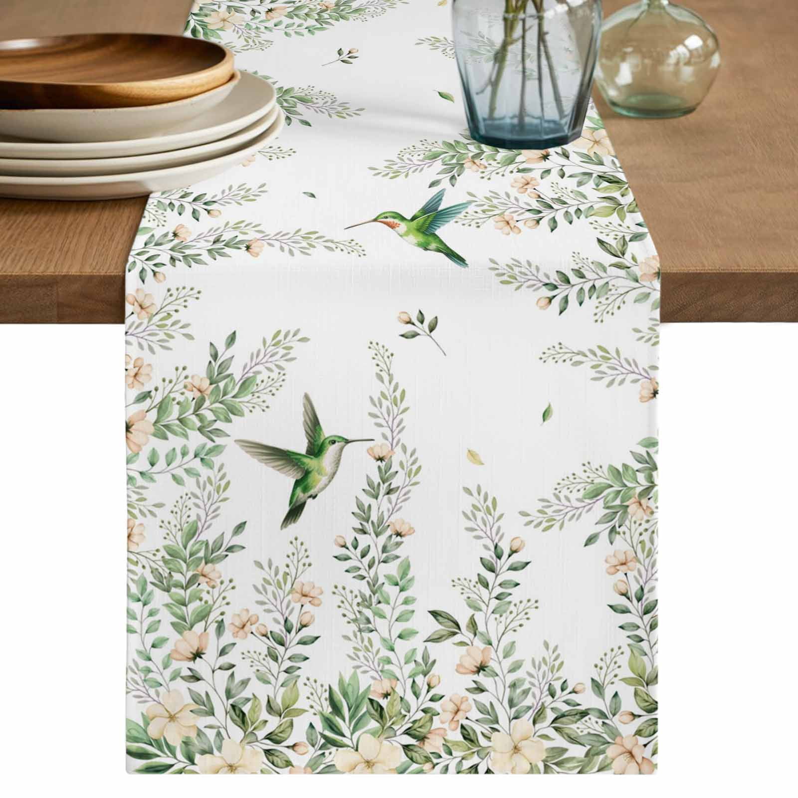 Spring Flowers Table Runner, Watercolor Beige Floral Falling Green Leaf ...