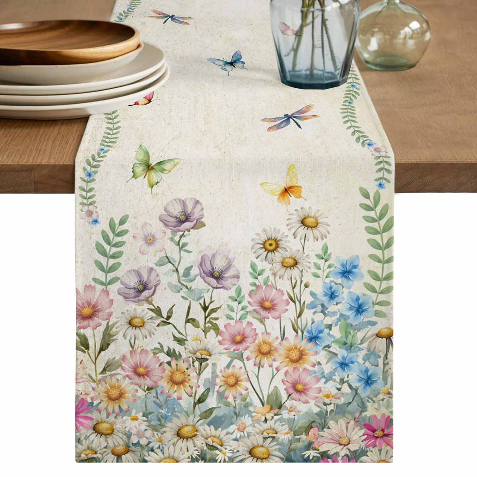Spring Flowers Table Runner, Watercolor Colorful Floral Leaf Butterfly ...