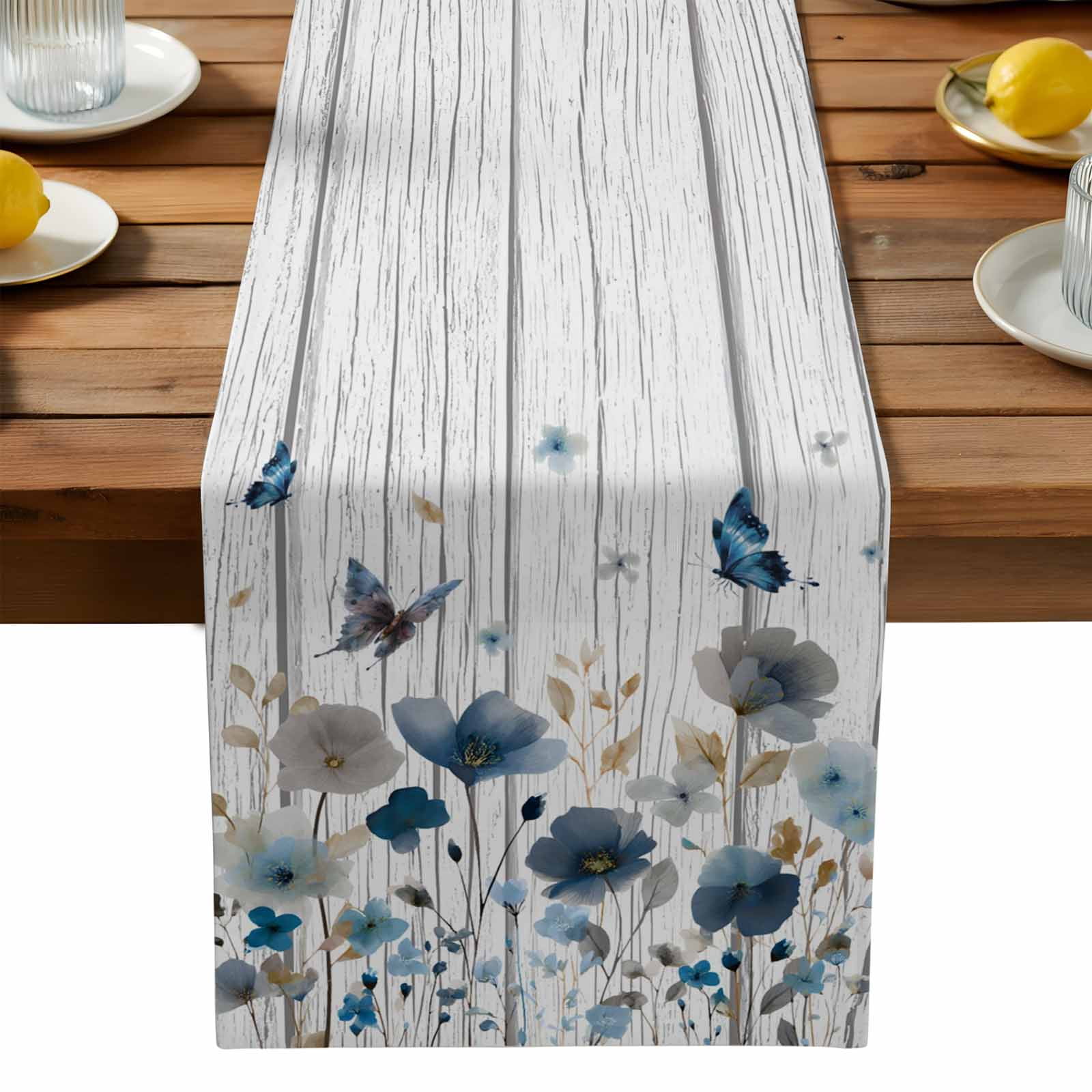 Spring Flowers Table Runner, Watercolor Grey Blue Floral Leaf Butterfly ...