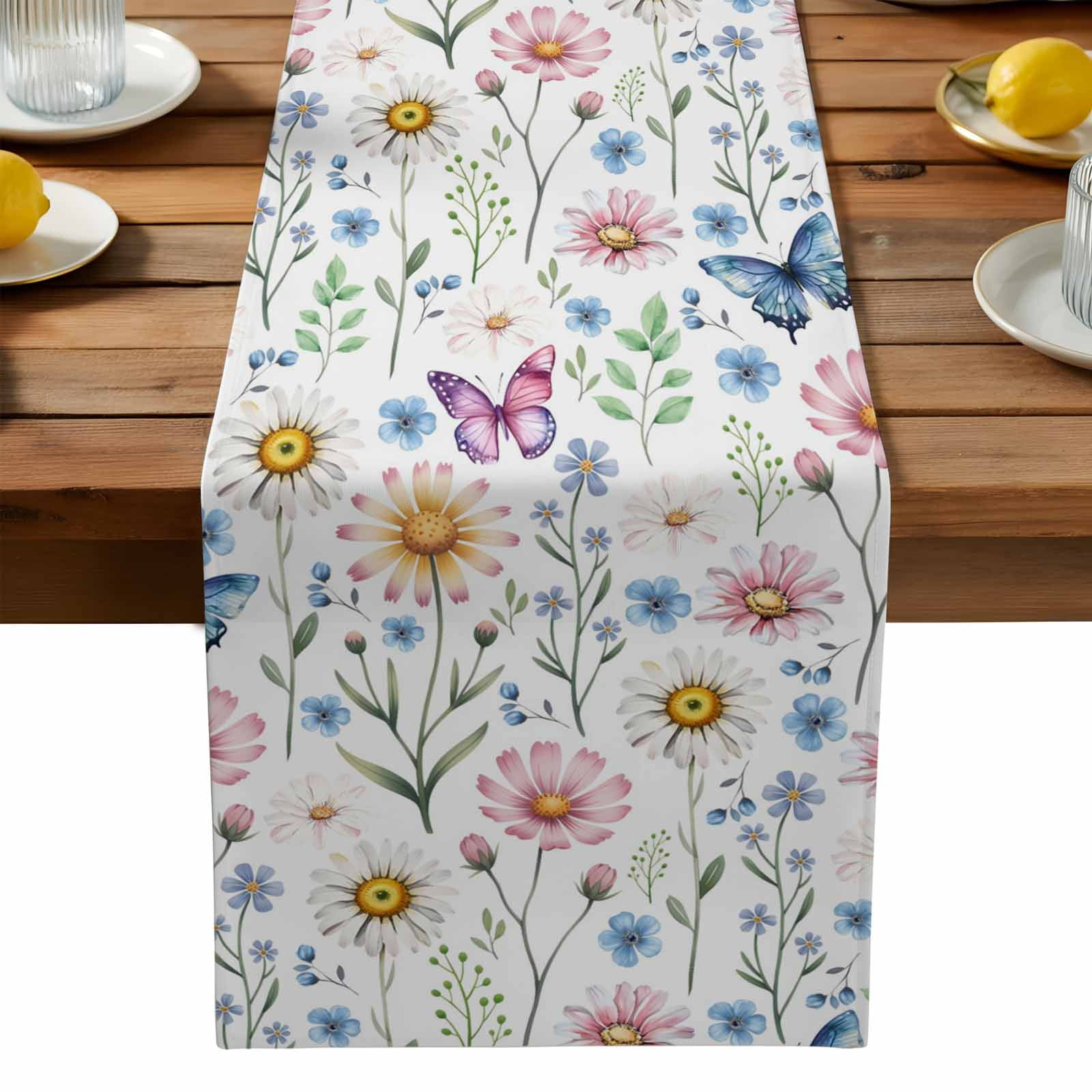 Spring Flowers Table Runner, Watercolor Pink Yellow Blue Floral Leaf ...