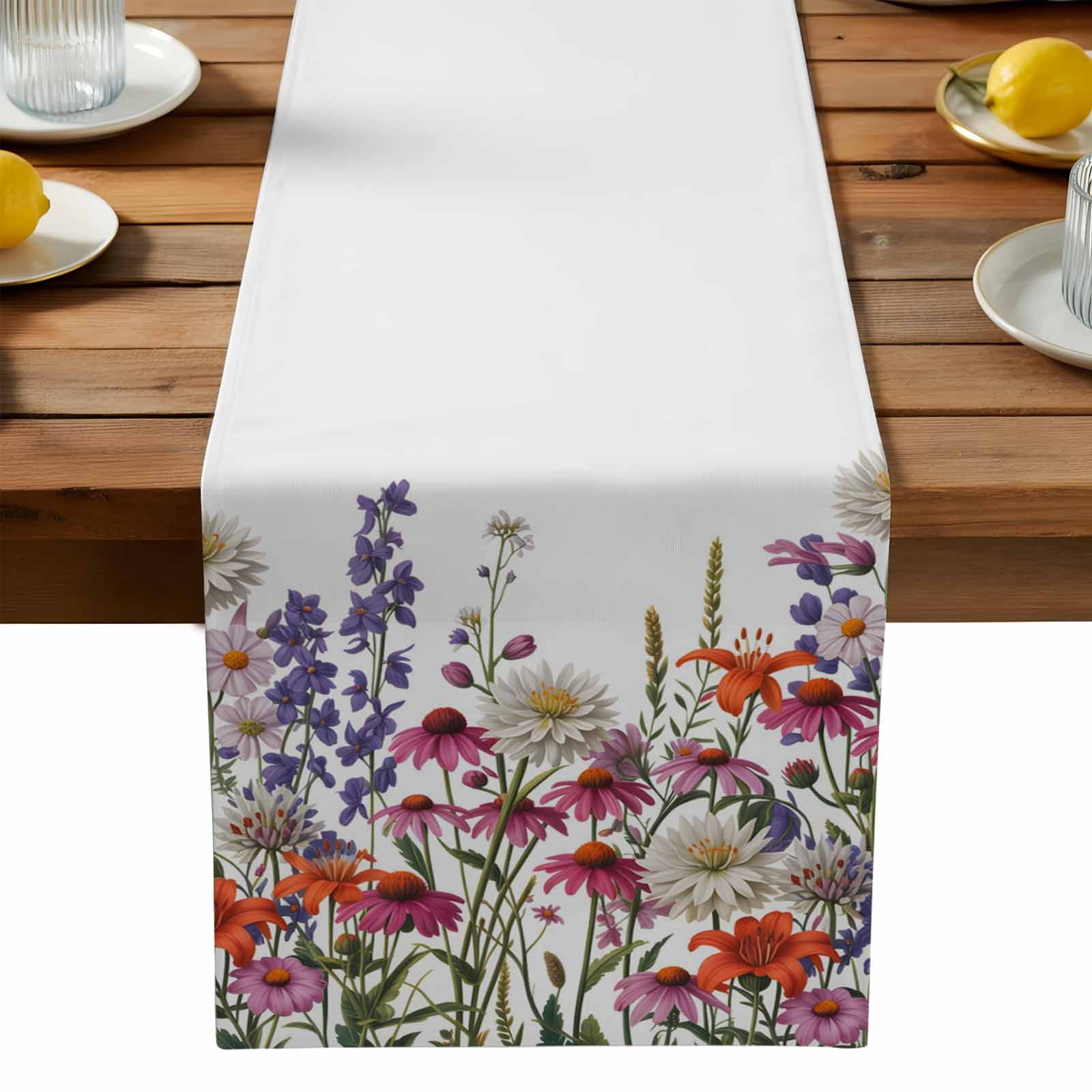Spring Flowers Table Runner, Watercolor White Pink Purple Red Daisy ...