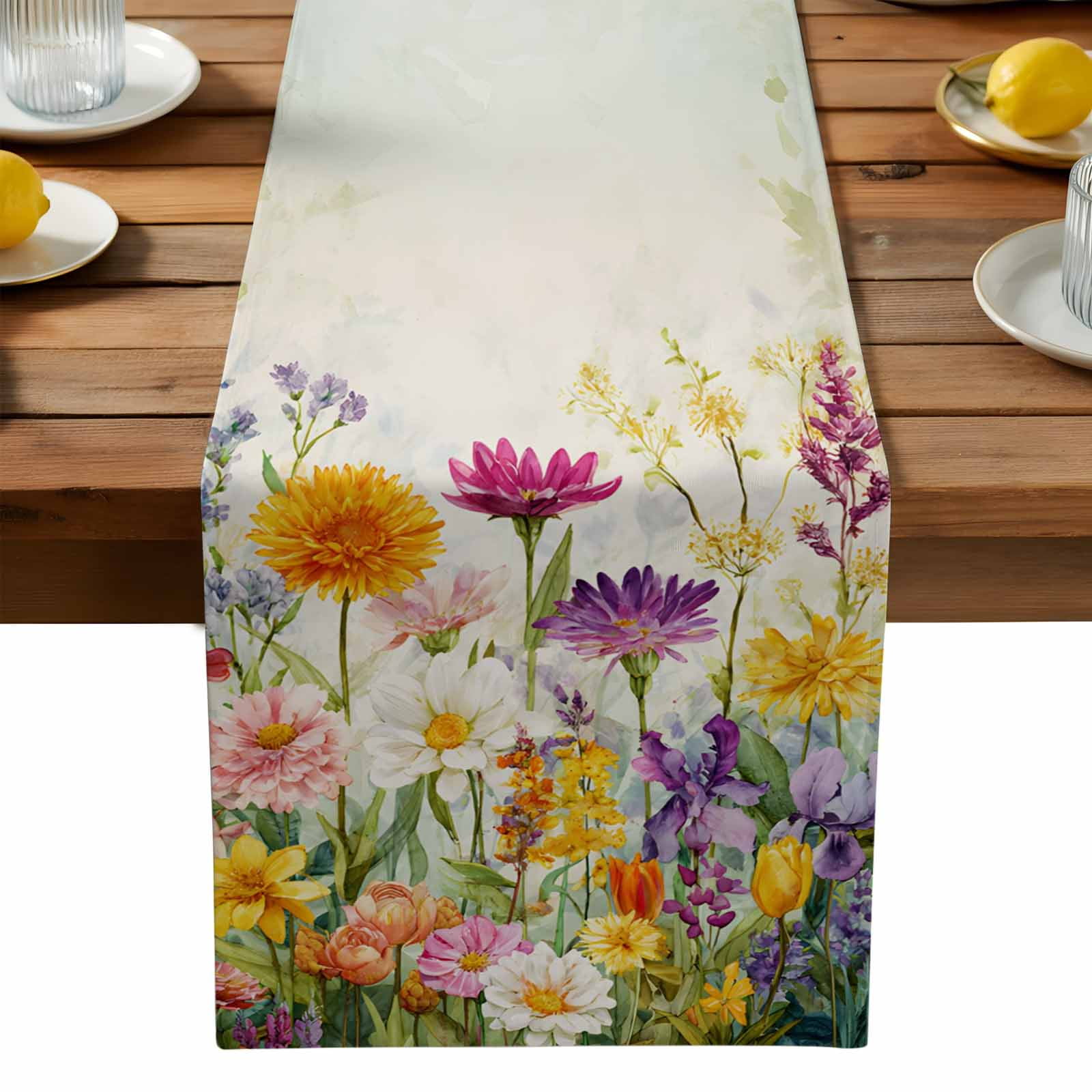 Spring Flowers Table Runner, Watercolor Yellow White Purple Pink Floral ...