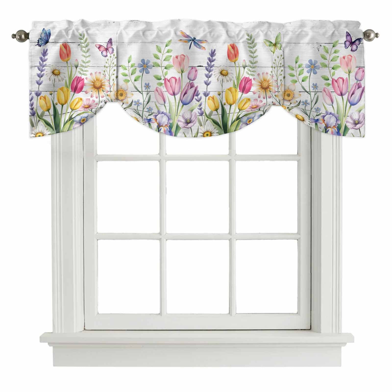 Spring Flowers Tie Up Valance for Windows, Watercolor Colorful Floral ...