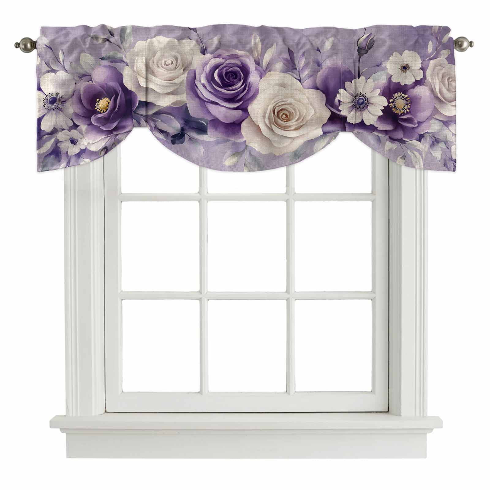 Spring Flowers Tie Up Valance for Windows, Watercolor Purple White Rose ...