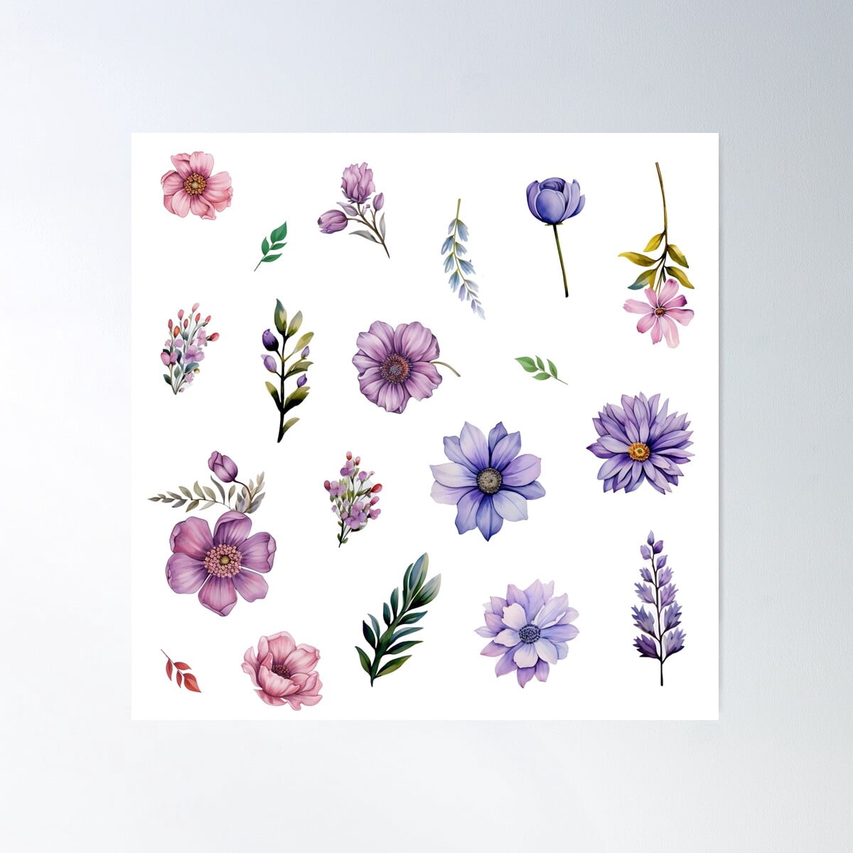 Spring Flowers Watercolor Cottage-Core Set Poster Wall Art, Modern Wall ...