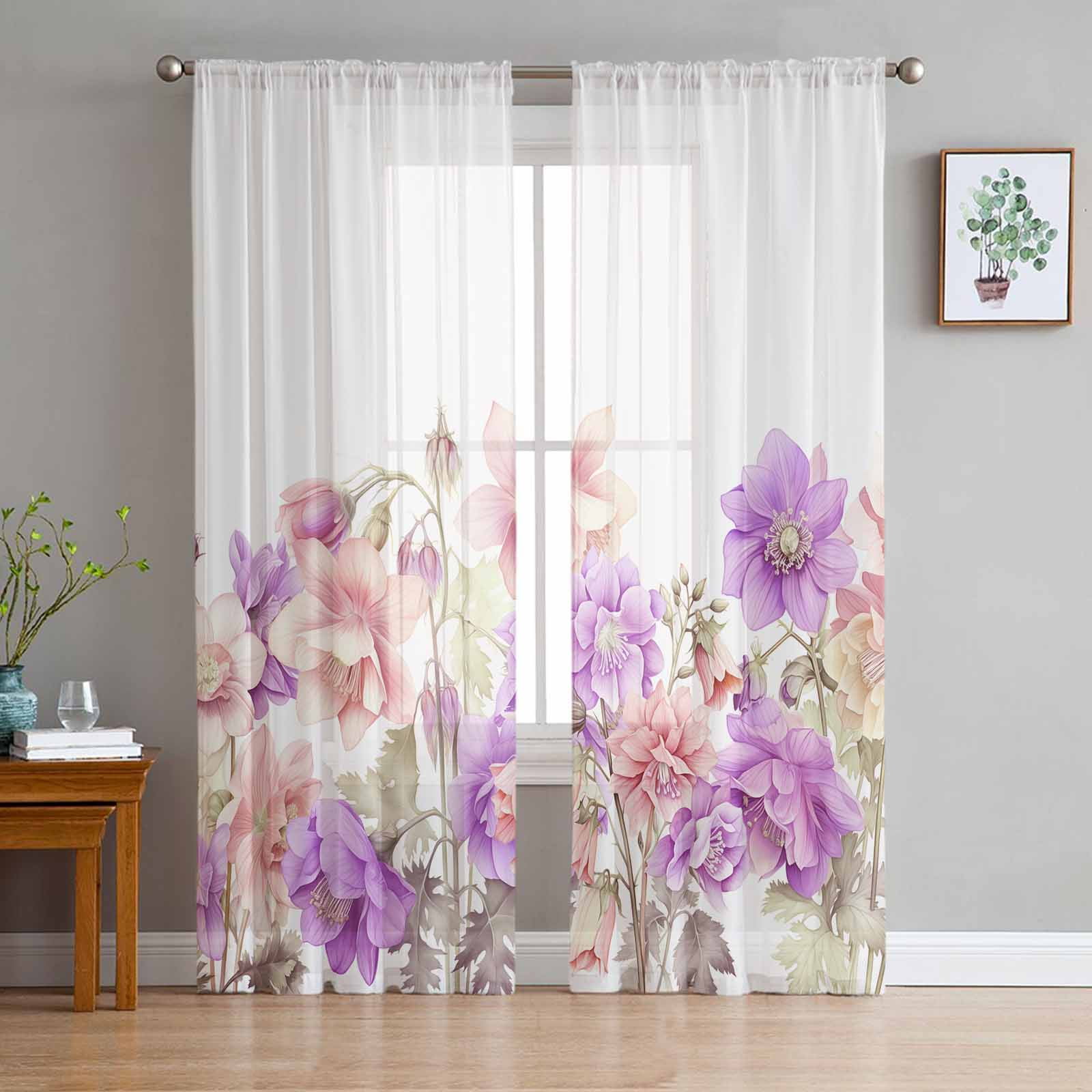 Spring Flowers Watercolor Countryside Sheer Curtains For Living Room ...