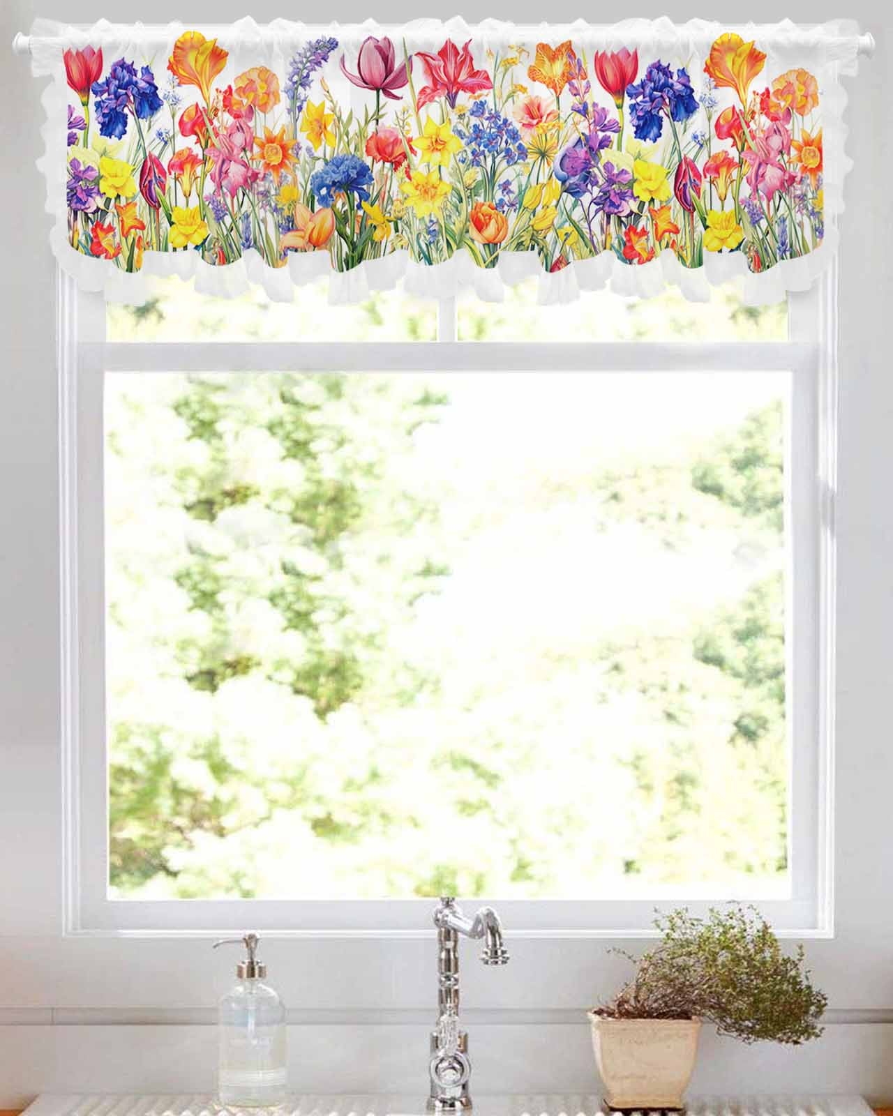 Spring Flowers Watercolor Short Tulle Half Curtains for Living Room ...