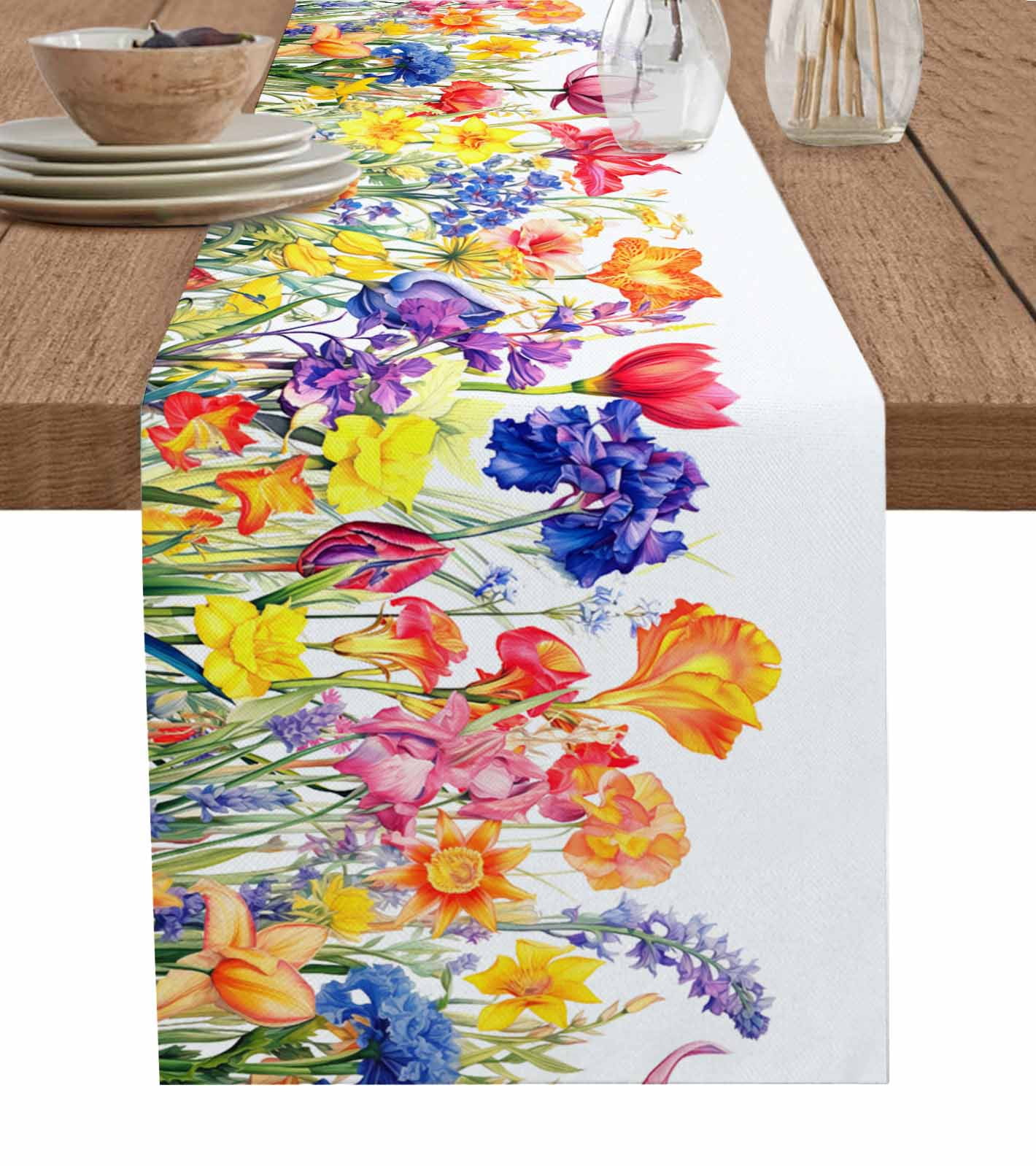 Spring Flowers Watercolor Table Runner for Dining Table Kitchen r ...