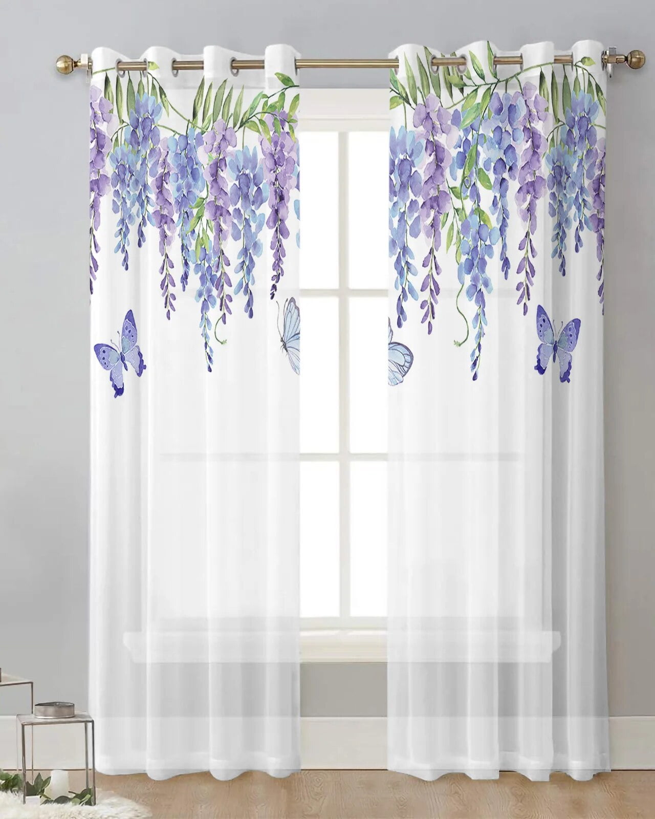 Spring Flowers Watercolor Wisteria Modern Tulle Curtains Living Room ...